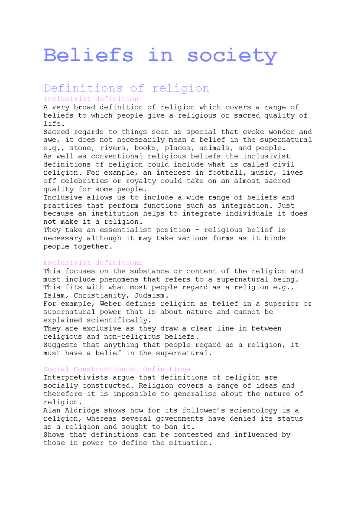 Beliefs in society - Beliefs in society Definitions of religion ...