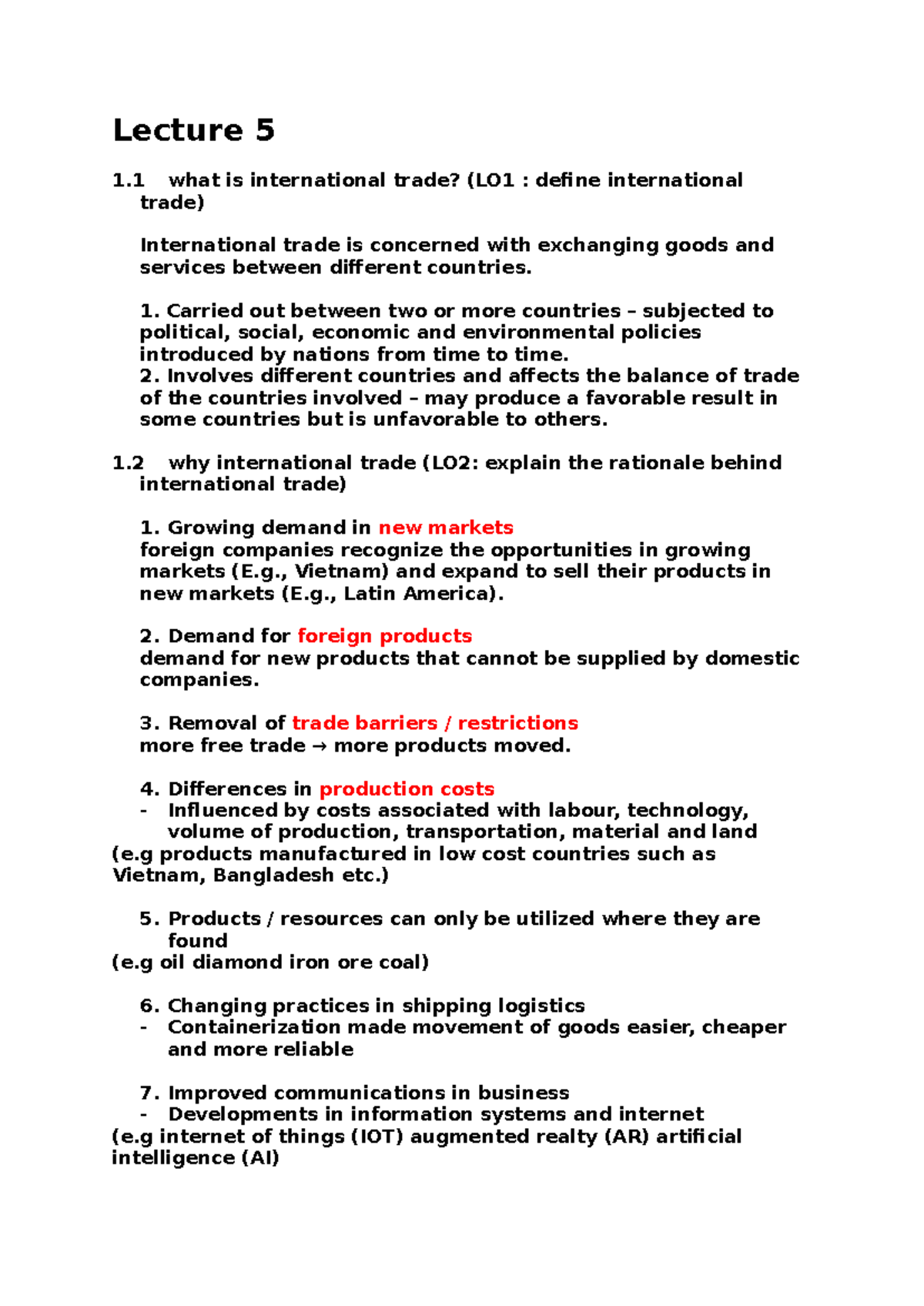 Mt1003 lecture 5 notes - Lecture 5 1 what is international trade? (LO1 ...