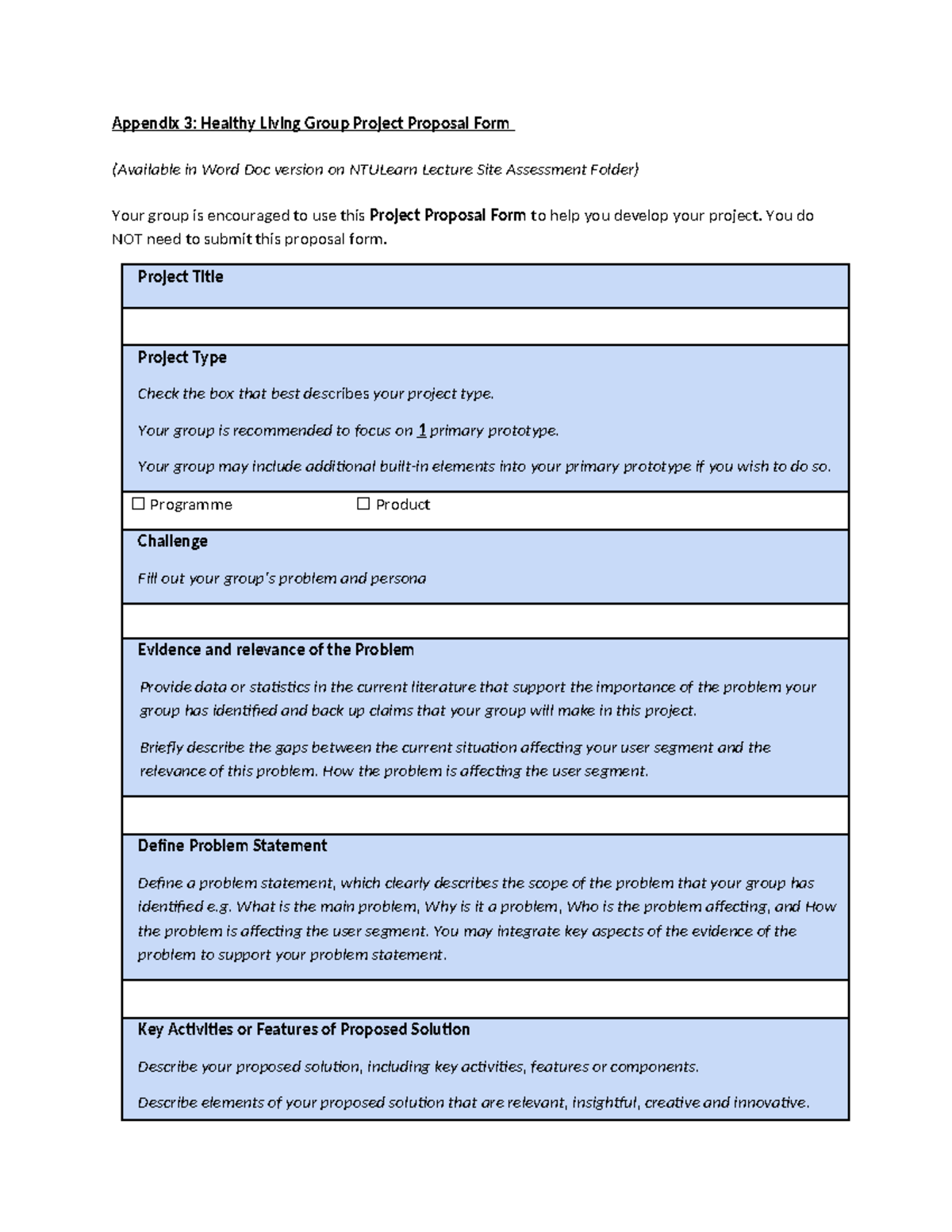 HL Group Project Proposal Form (Editable) - Appendix 3: Healthy Living ...