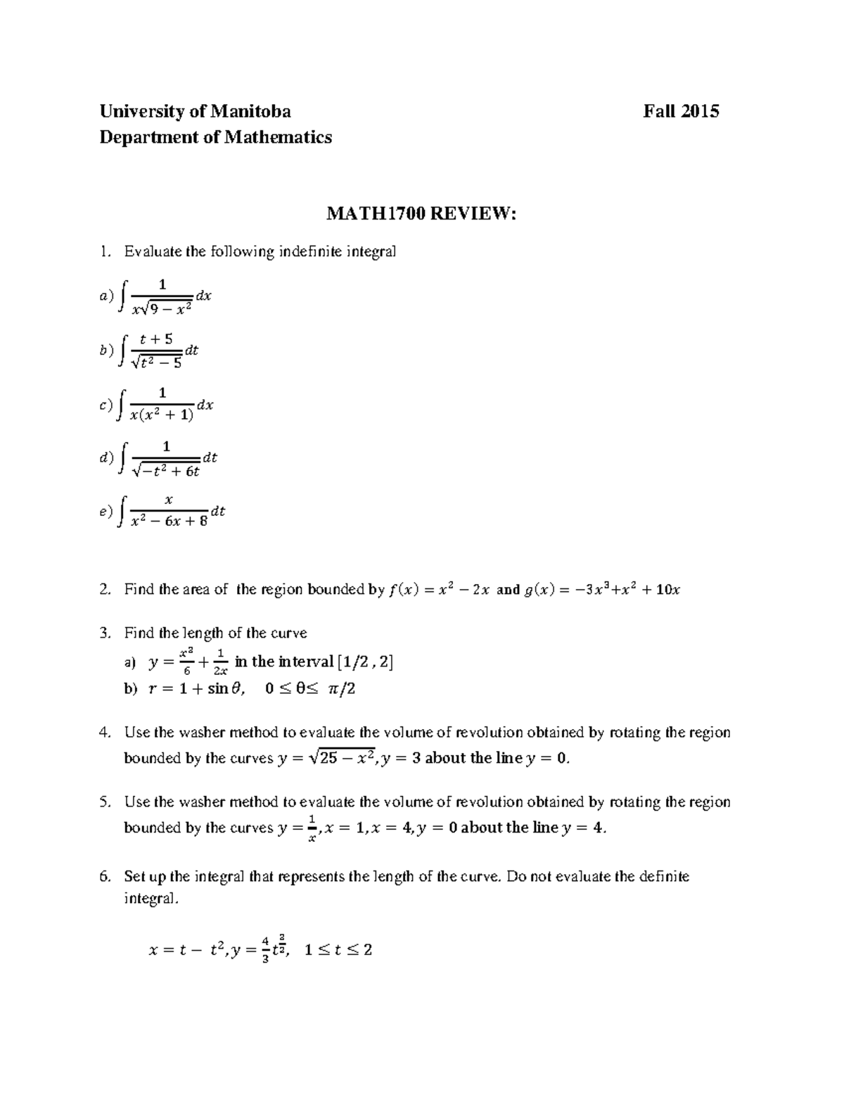 Review-Math-1700 - past exam - University of Manitoba Fall 2015 ...