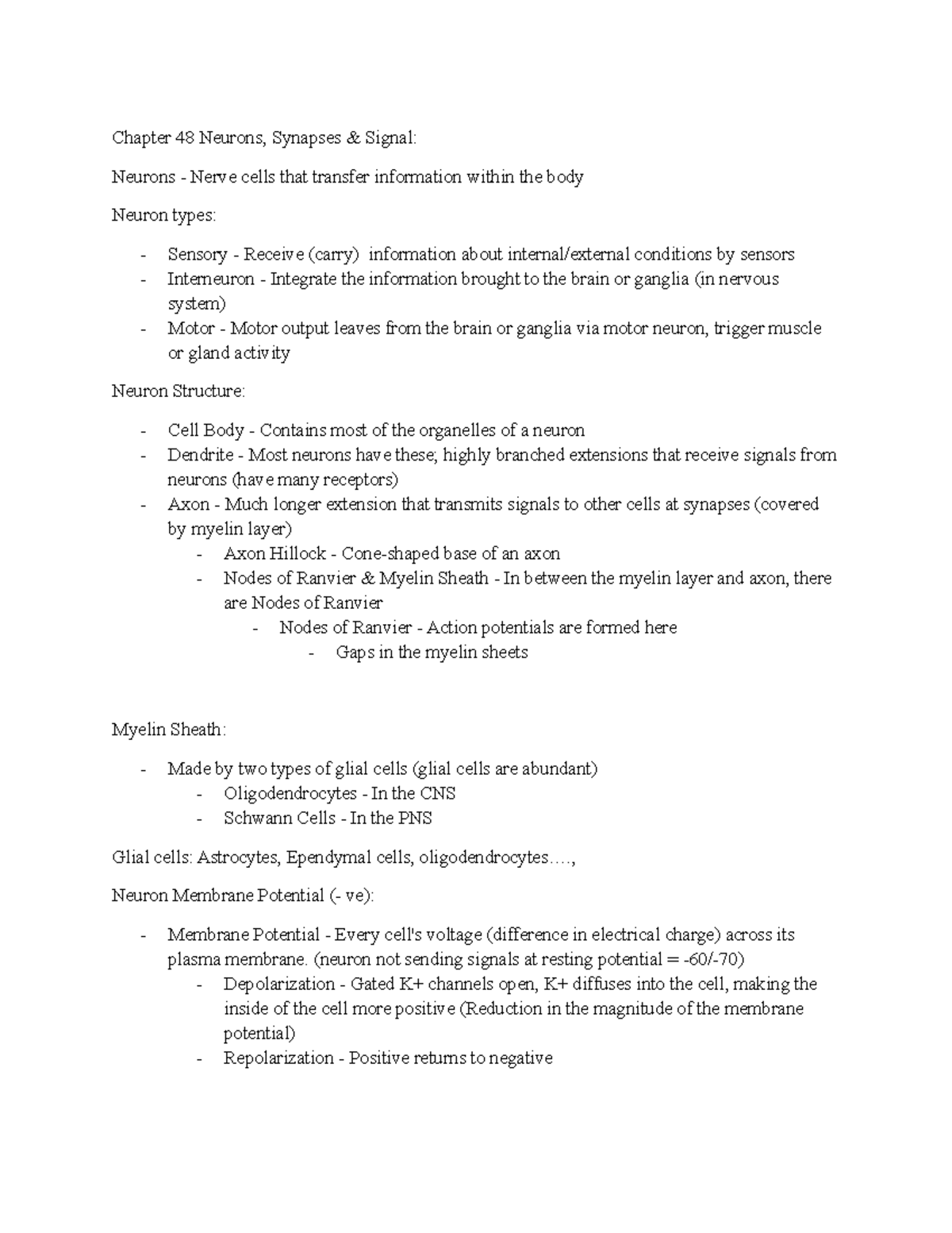Biology II Lecture Chapter 48 (Neurons, Synapses & Signal) - Chapter 48 ...