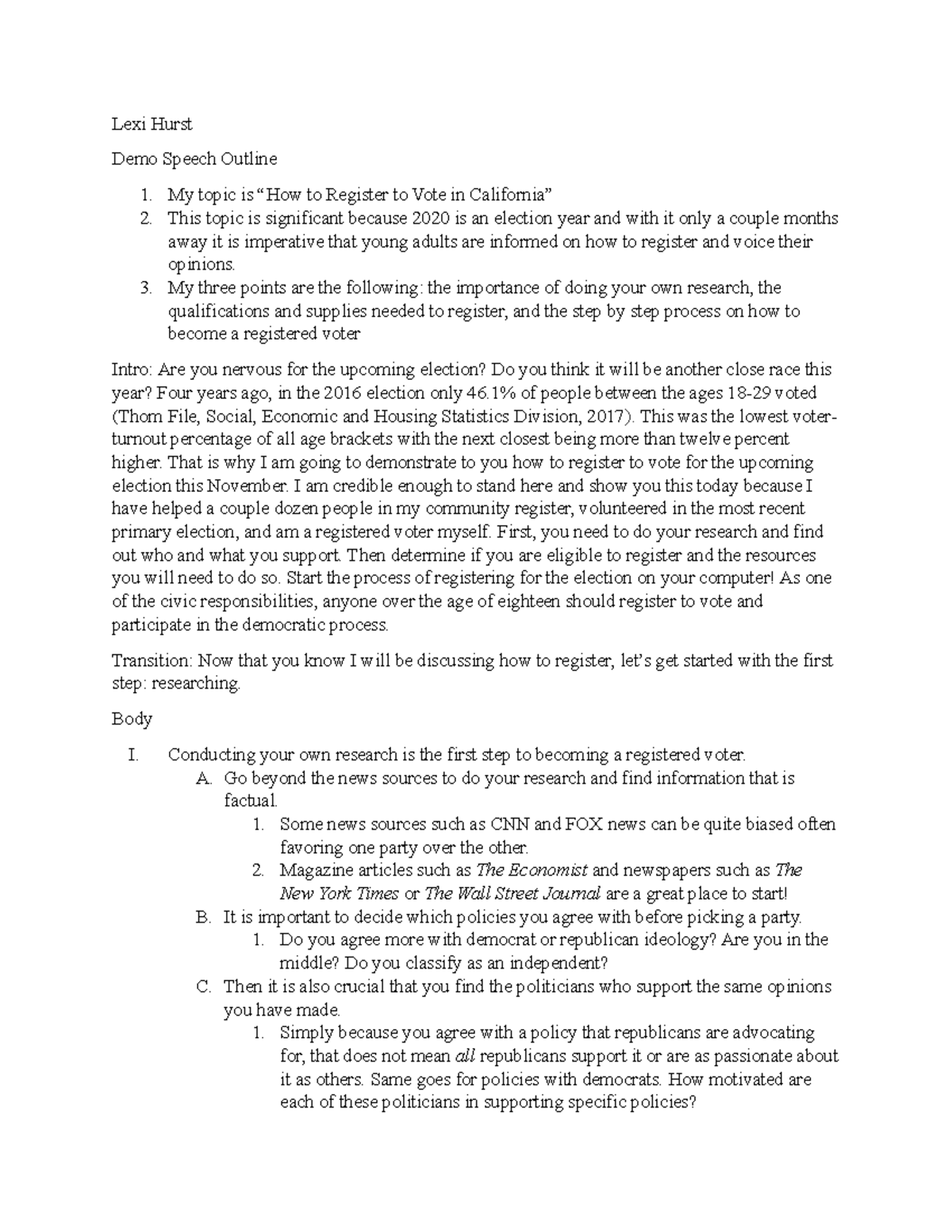 Demo outline - Lexi Hurst Demo Speech Outline My topic is “How to ...