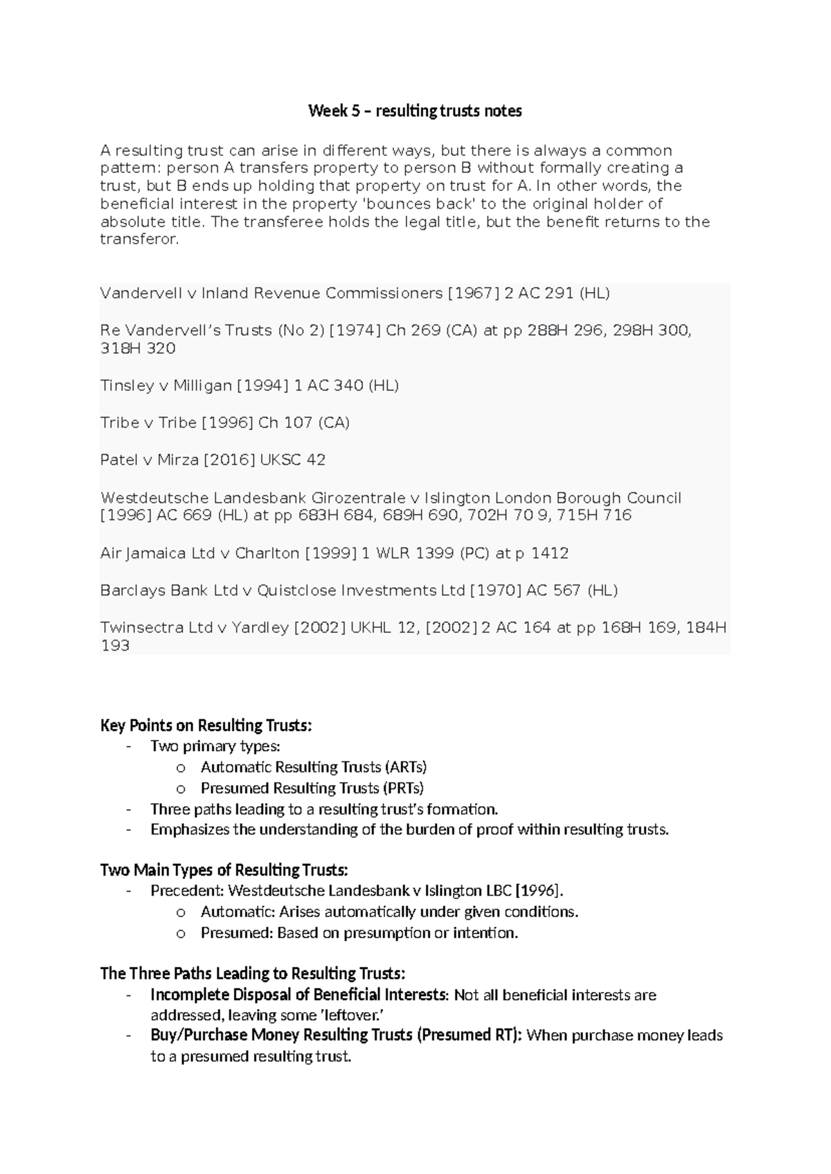 Week 5 - resulting trusts notes - Week 5 – resulting trusts notes A ...