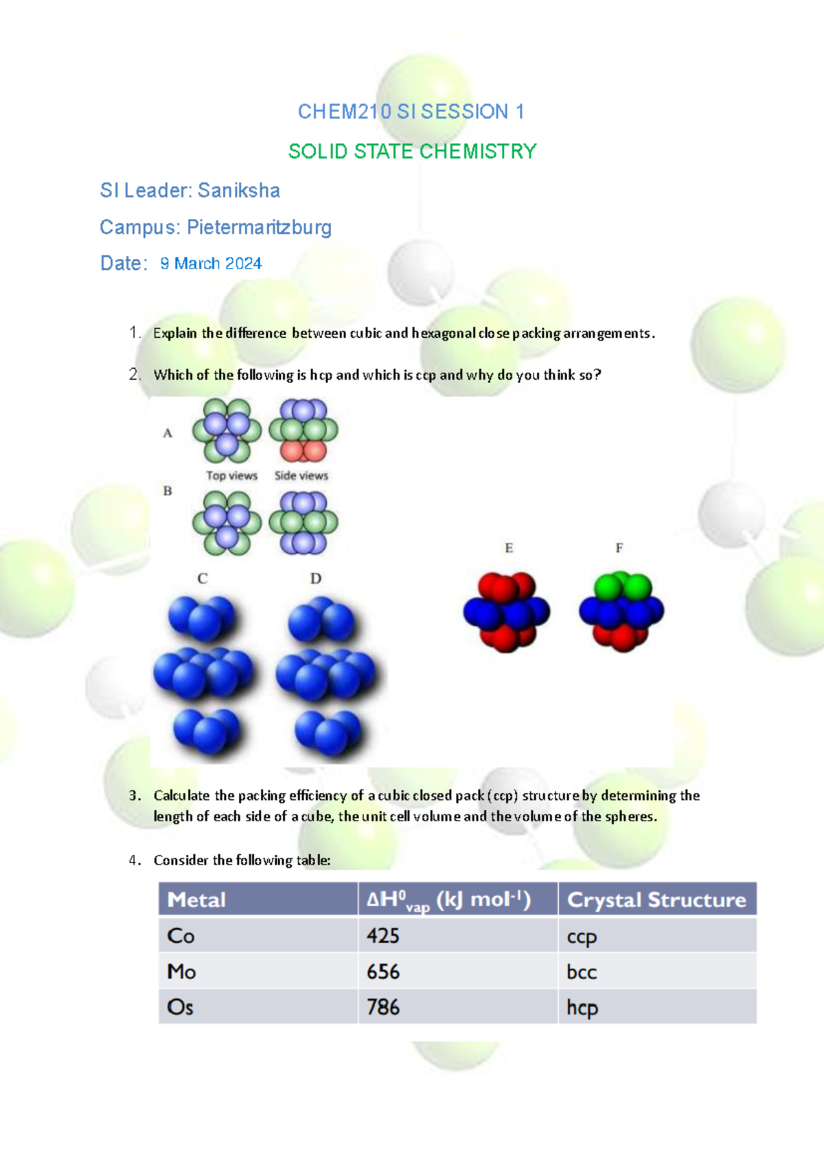 CHEM210 SI Session 1 Questions - CHEM210 SI SESSION 1 SOLID STATE ...