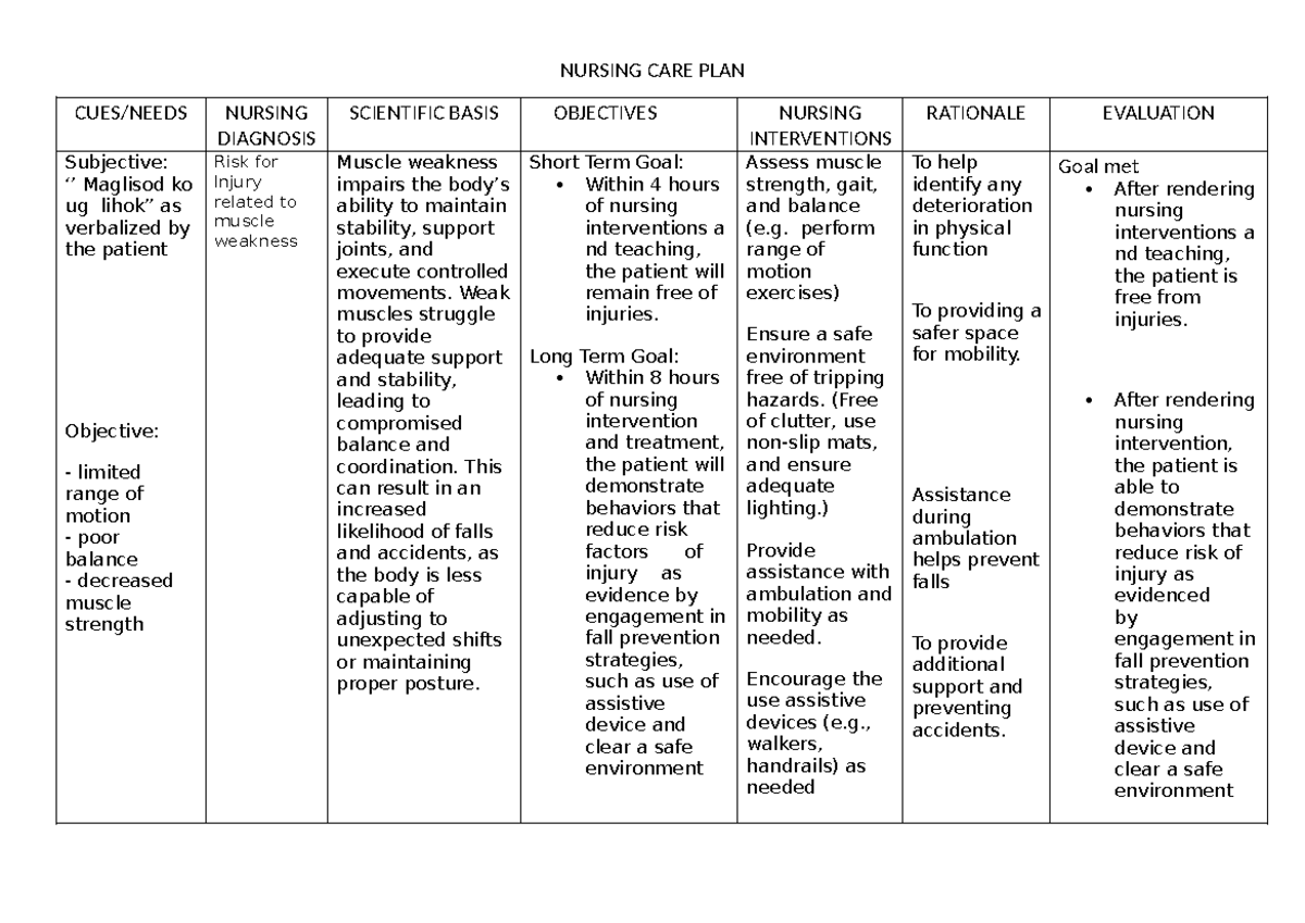 Nursing CARE PLAN - Risk for falls - NURSING CARE PLAN CUES/NEEDS ...