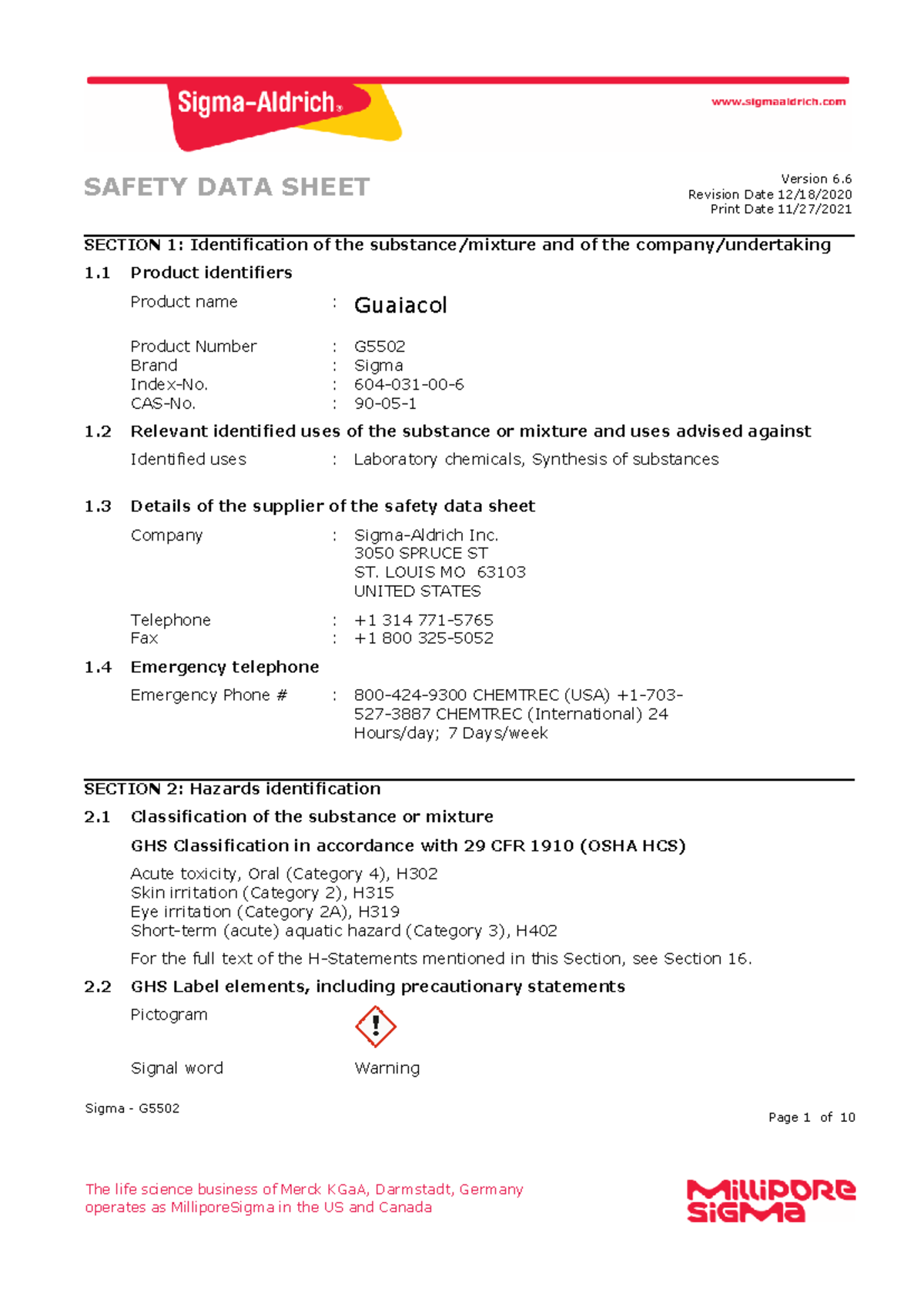 Guaiacol SDS safety - Sigma - G Page 1 of 10 The life science business ...