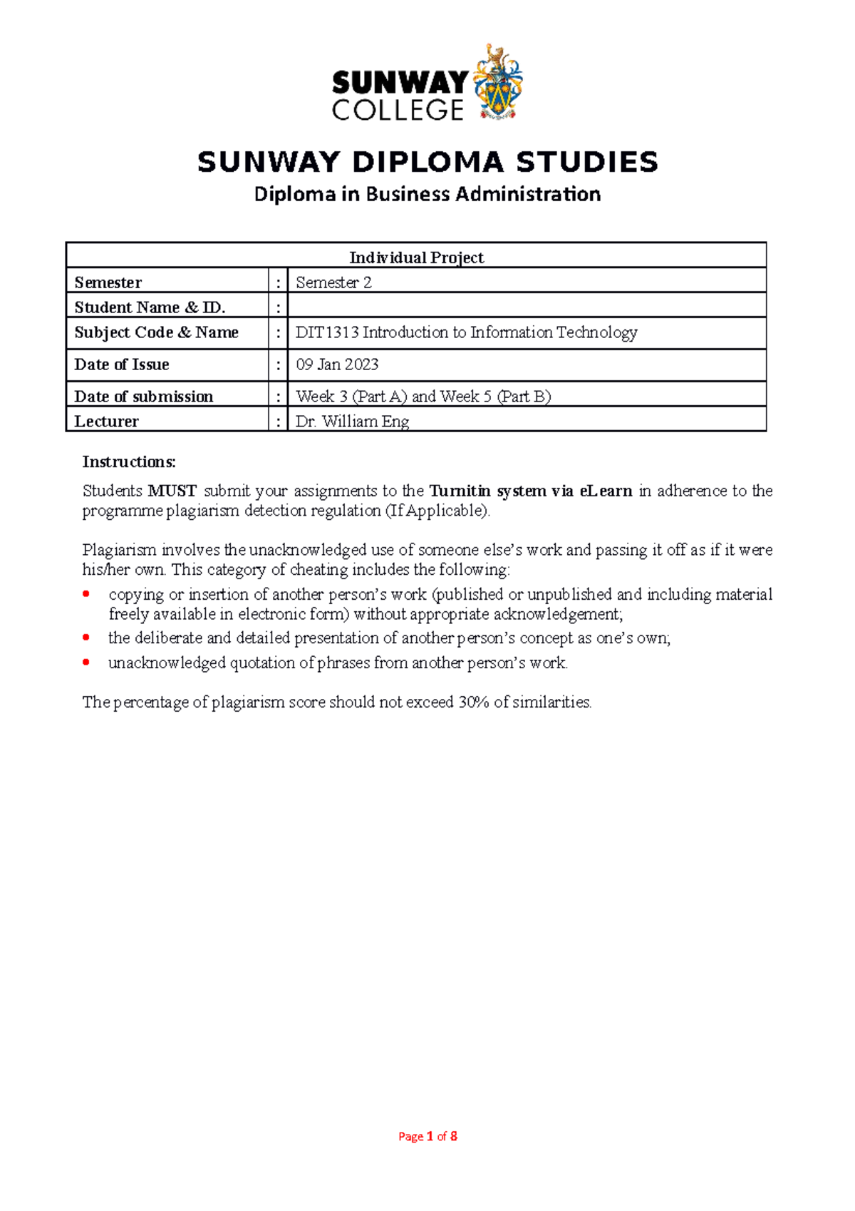 Project 1 (Practical) - BE 4013 Individual Assignment Brief January ...