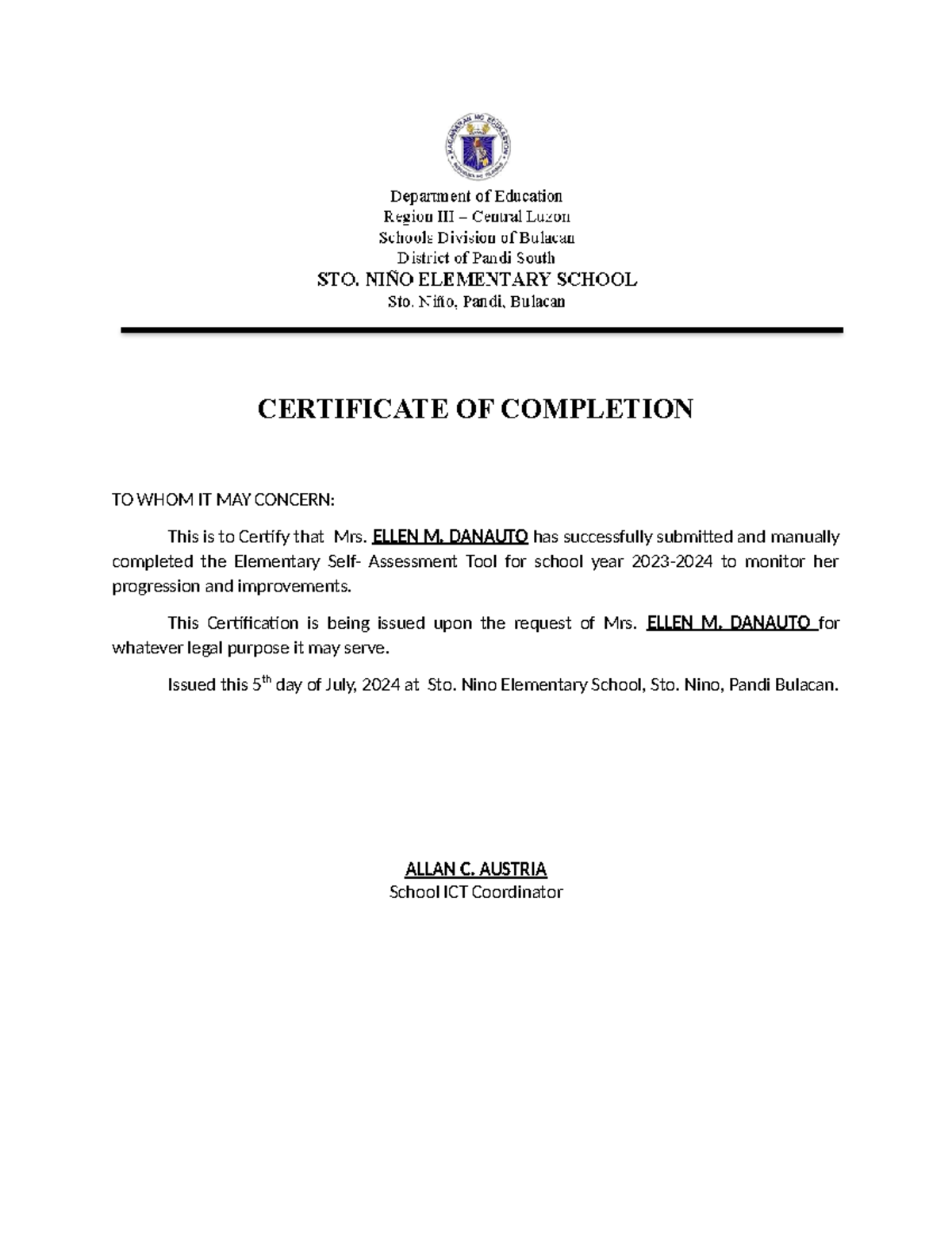Certificate OF Completion ICT 2023 2024 - CERTIFICATE OF COMPLETION TO ...