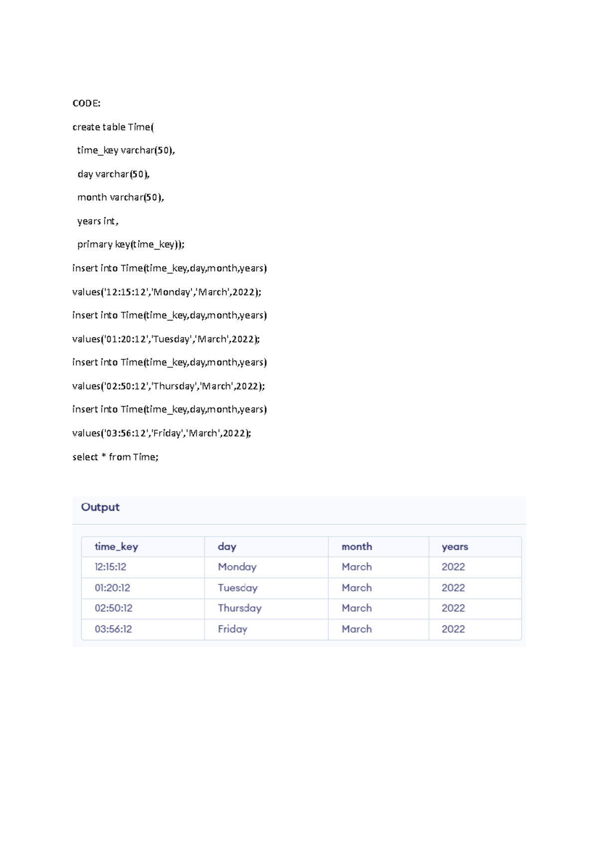 DWM-EXP-2(FK) - Dwm pratical - create table Time( time_key varchar(50 ...