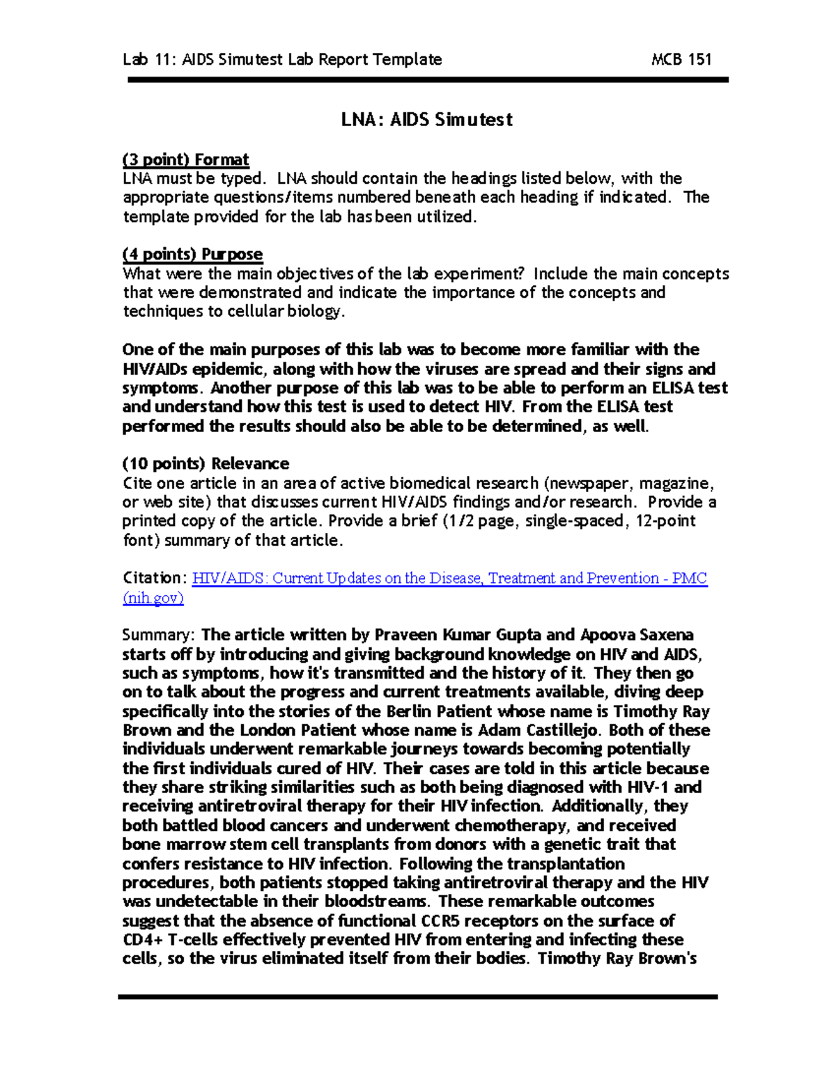 LNA AIDS - LNA should contain the headings listed below, with the ...
