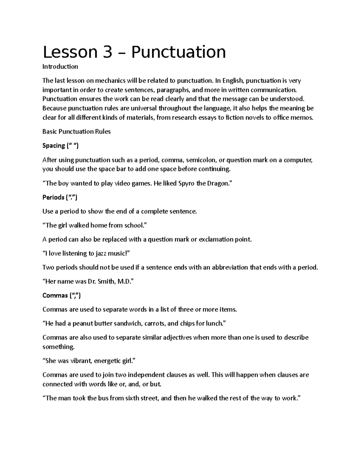 Lesson 3 – Punctuation - Lesson 3 – Punctuation Introduction The last ...