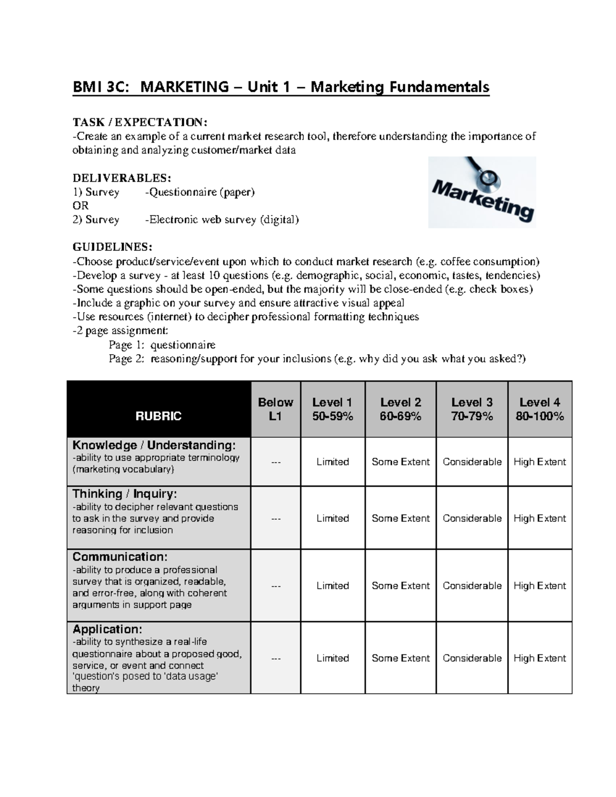 Marketing - Unit 1 - Assignment - Questionnaire - BMI 3C: MARKETING ...