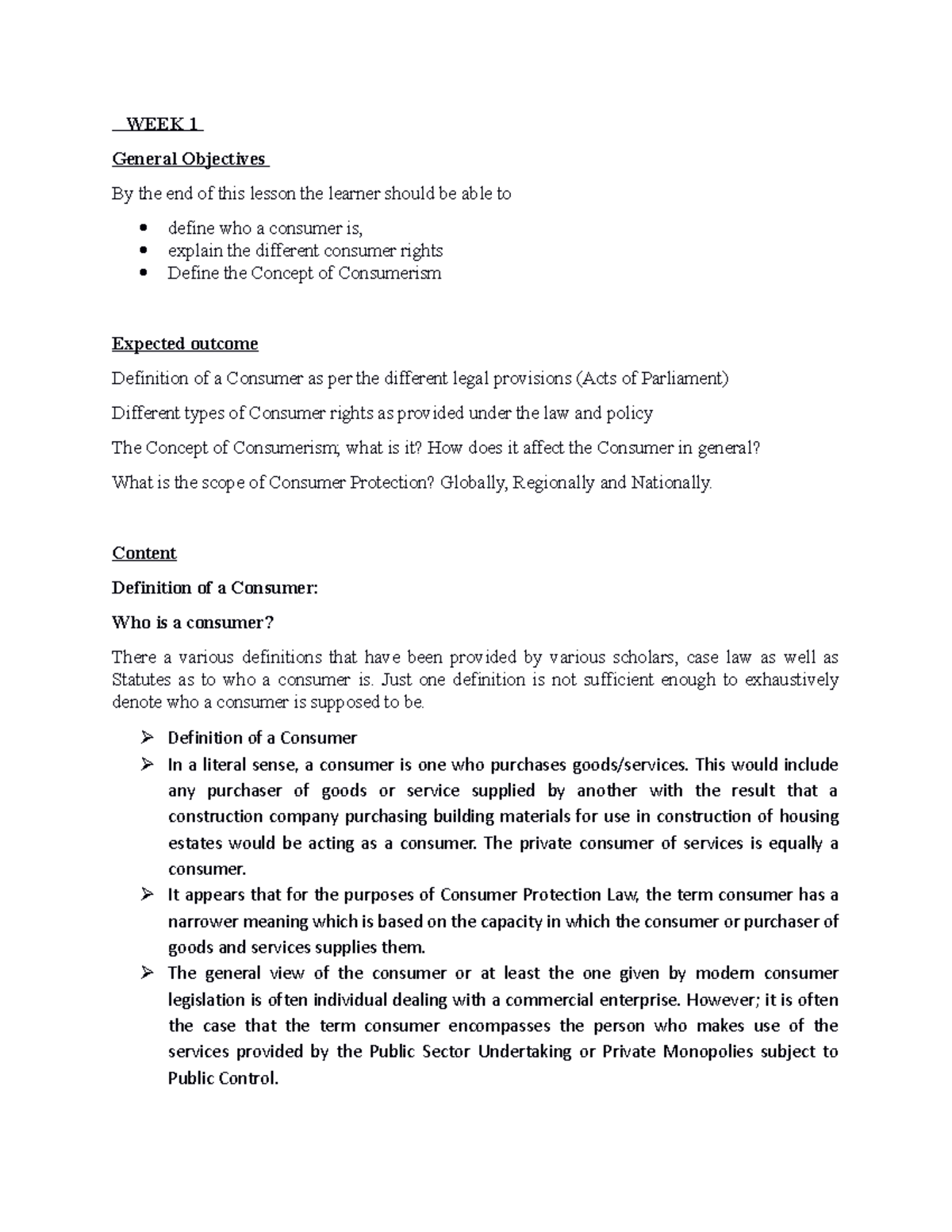 Week I - Notes Week 1 - WEEK 1 General Objectives By the end of this ...