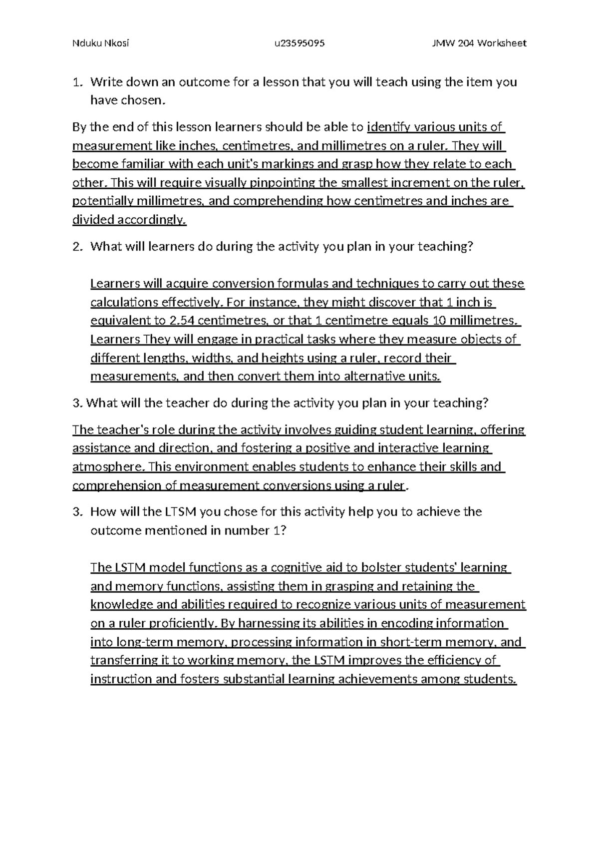 LTSM worksheet exercise - Nduku Nkosi u23595095 JMW 204 Worksheet 1 ...