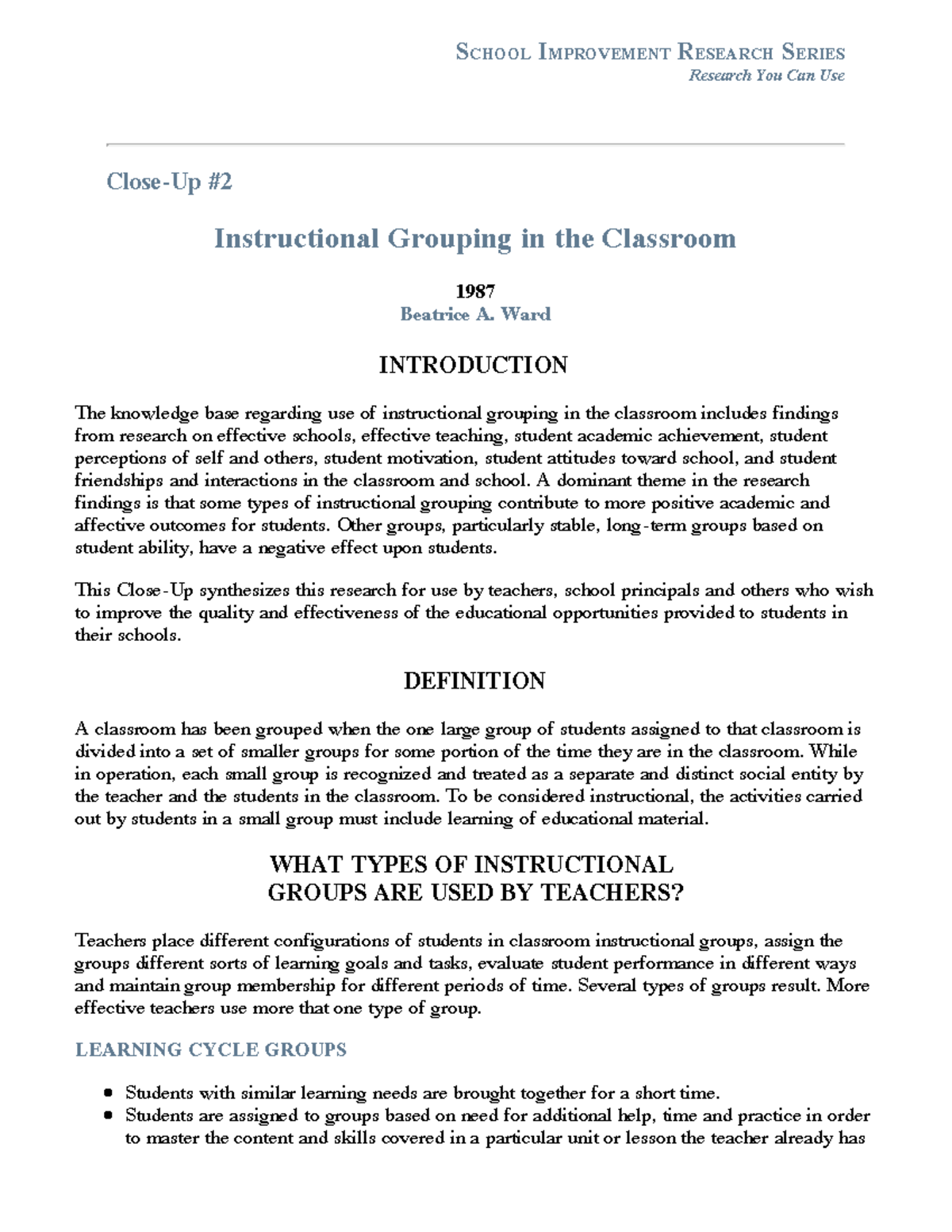 Instructional Grouping - SCHOOL IMPROVEMENT RESEARCH SERIES Research ...