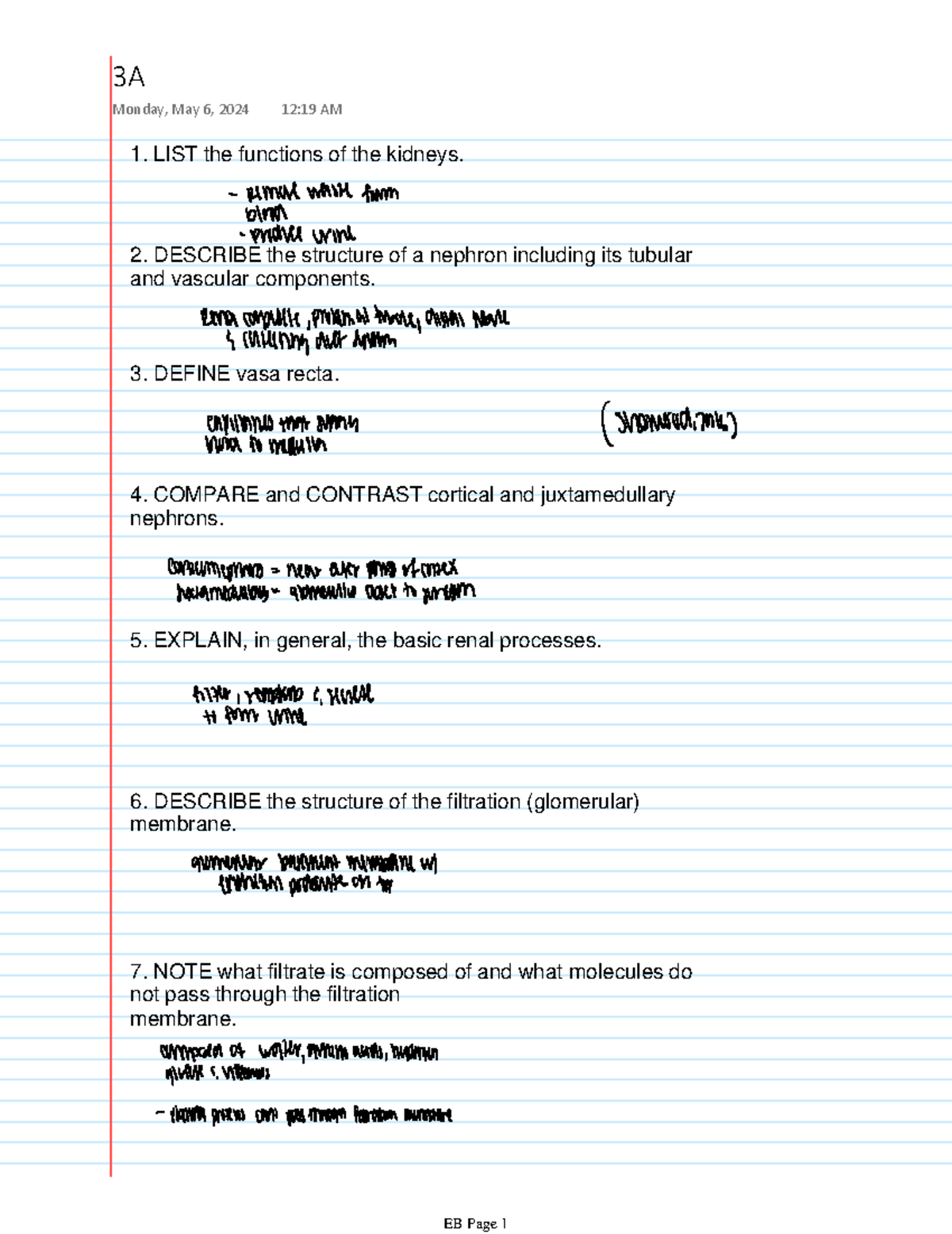 3A - EB for class - 1. LIST the functions of the kidneys. 2. DESCRIBE ...