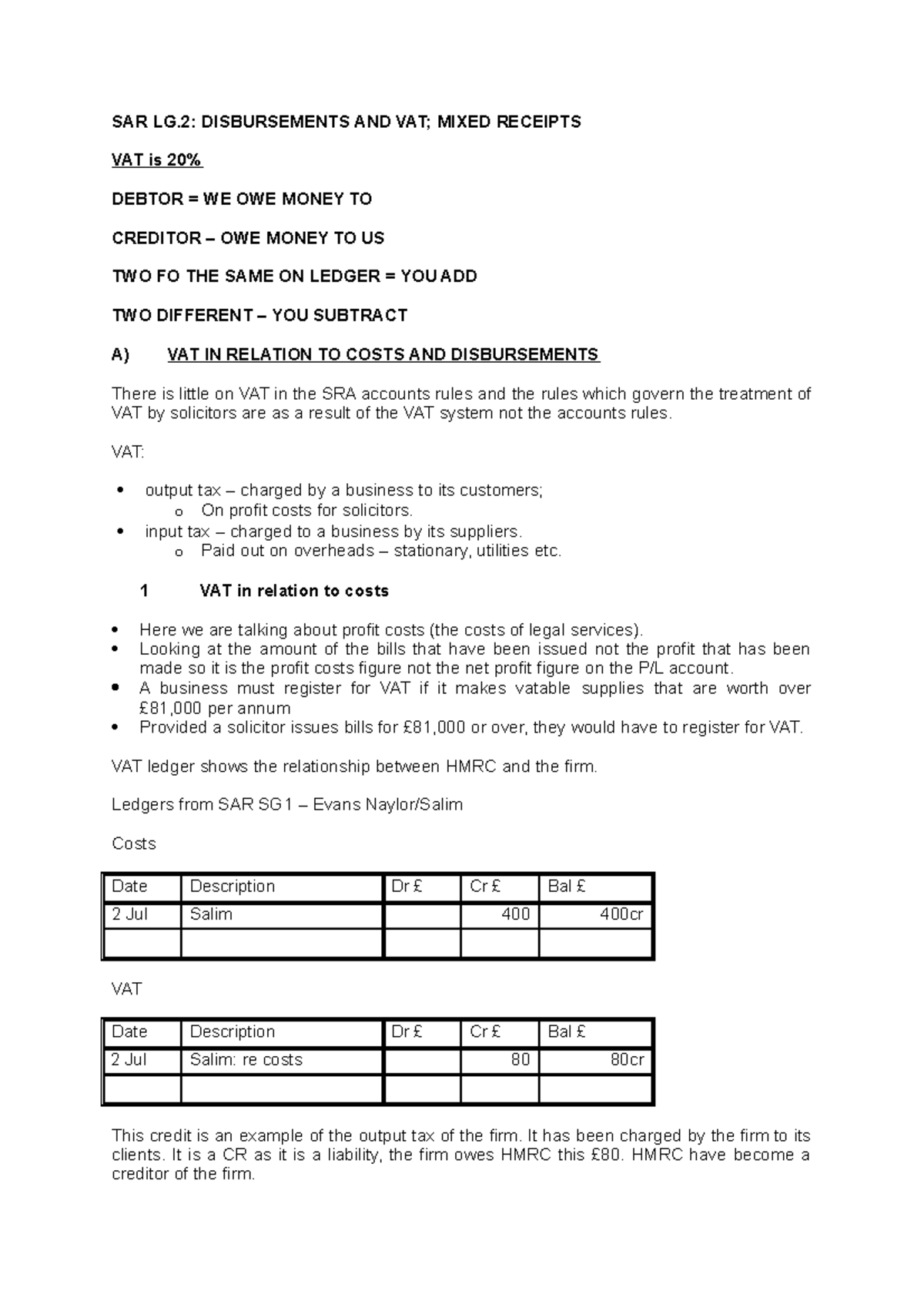 LG2 - D9sbursements and VAT; mixed reciepts - SAR LG: DISBURSEMENTS AND ...