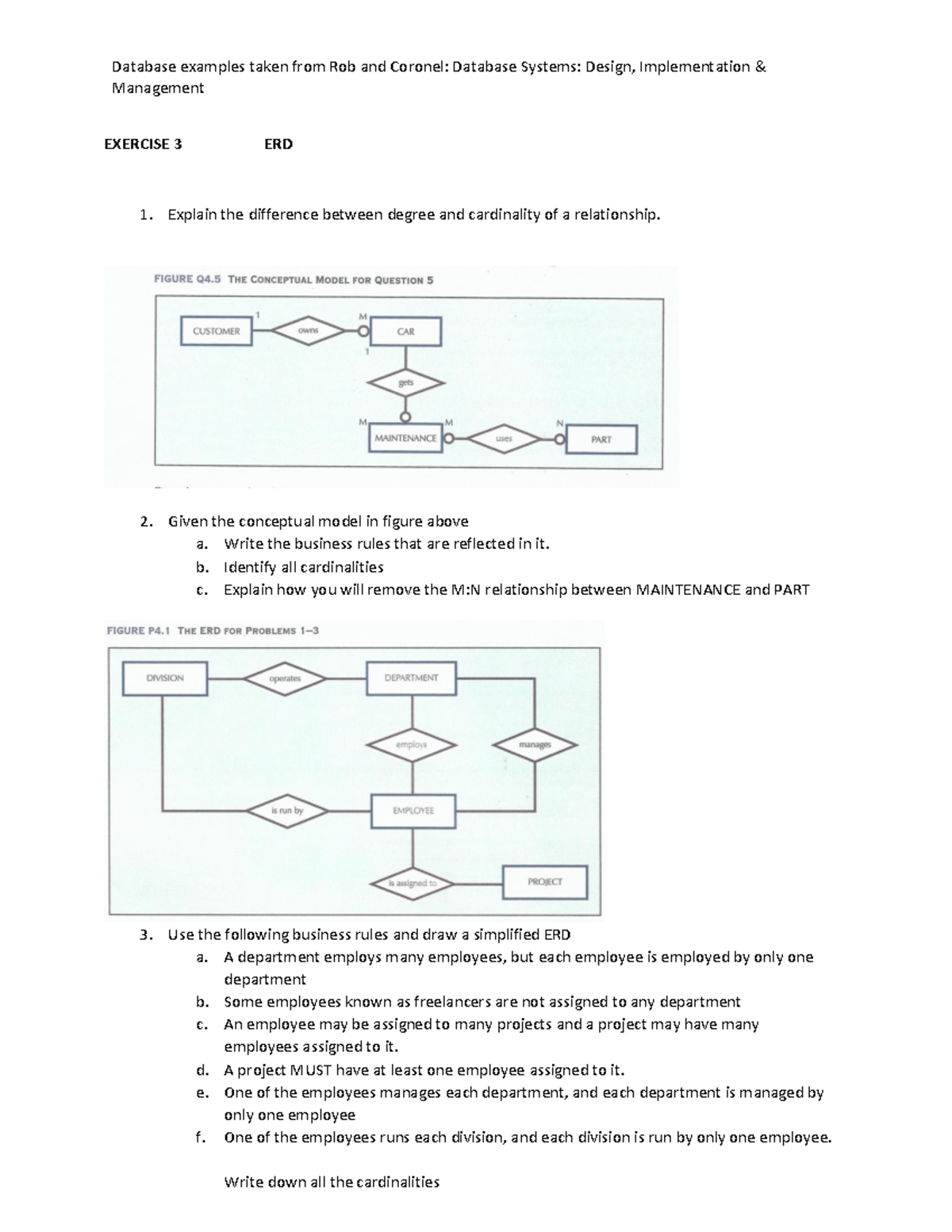Exercise 3 ERD - Database examples taken from Rob and Coronel: Database ...