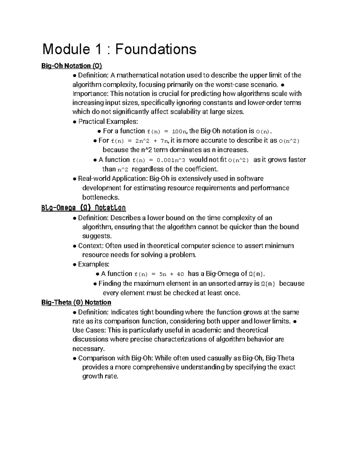 3121 notes - Module 1 : Foundations Big-Oh Notation (O) Definition: A ...