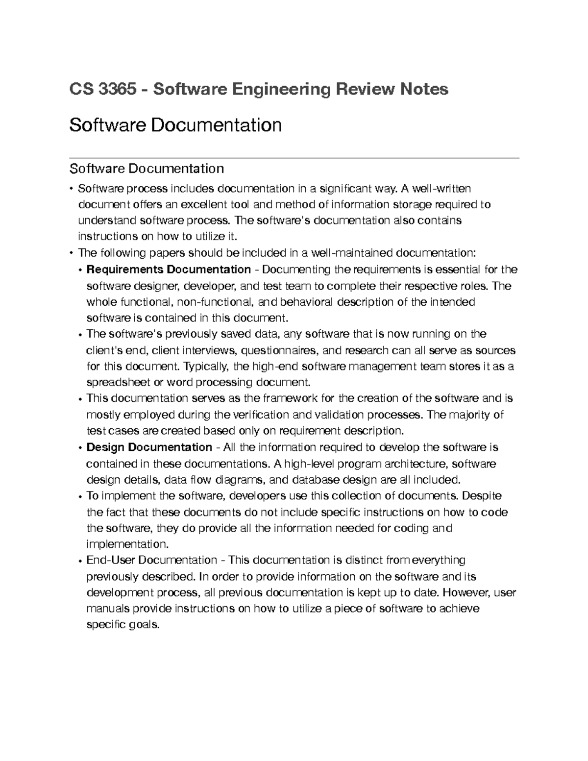 CS 3365 - Software Documentation Notes - CS 3365 - Software Engineering ...