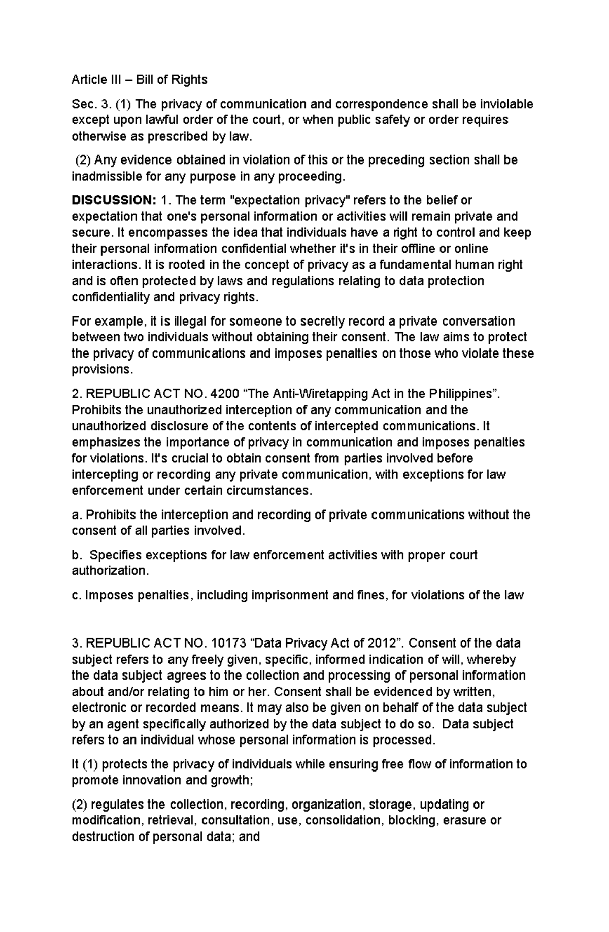 Finals Notes Prof Dungca - Article III – Bill of Rights Sec. 3. (1) The ...