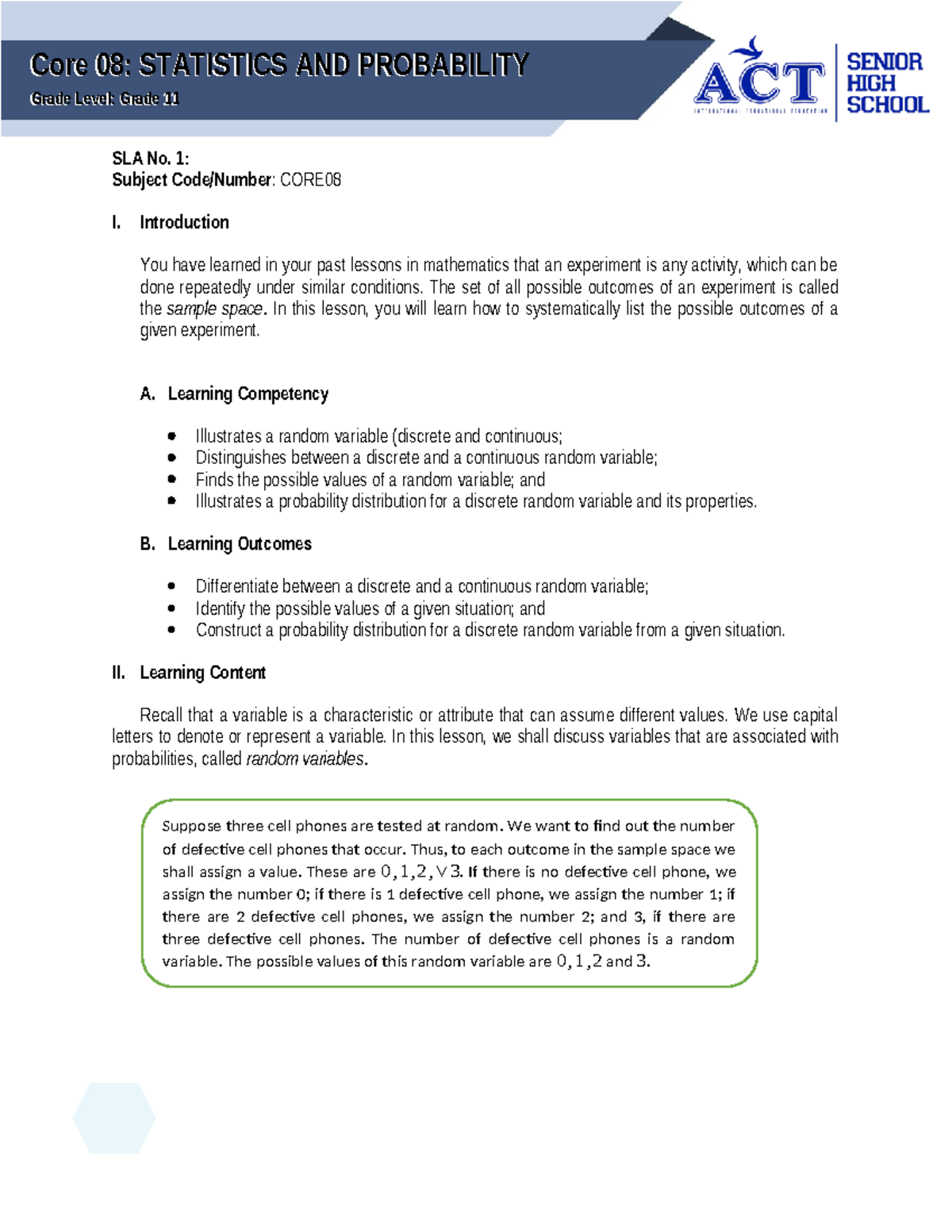 CORE08 SLG1 - THATS ALL - Core 08: STATISTICS AND PROBABILITY Grade ...