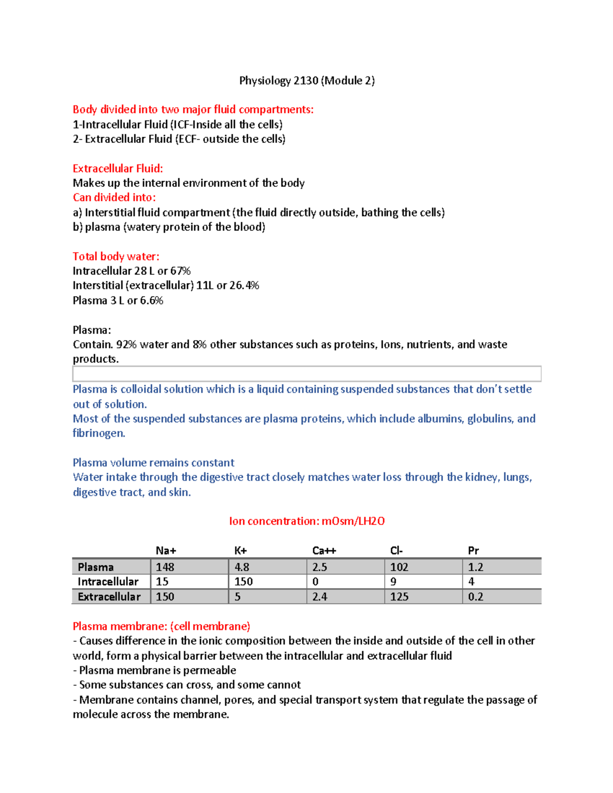 Physiology 2130 Module 2 - Physiology 2130 (M odule 2) Body divided ...