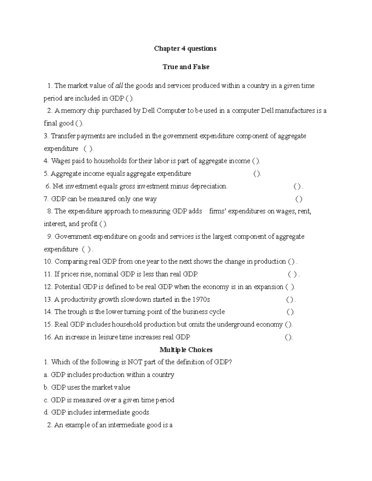 Chapter 4 questions - Lecture notes 3 - Chapter 4 questions True and ...