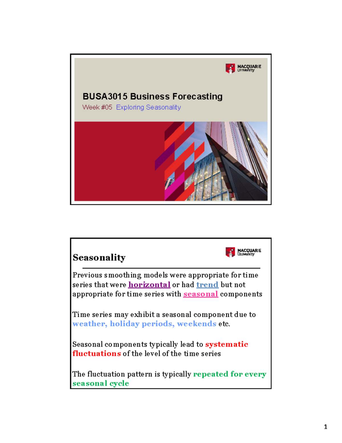 BUSA3015 Lecture 05-2 - BUSA3 0 15 Business Forecasting Week #05 Exploring Seasonality ...