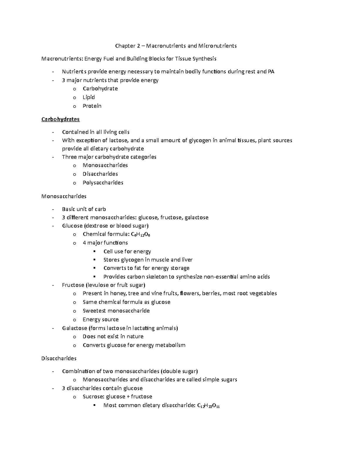 Chapter 2 - Lecture notes 2 - Chapter 2 – Macronutrients and ...