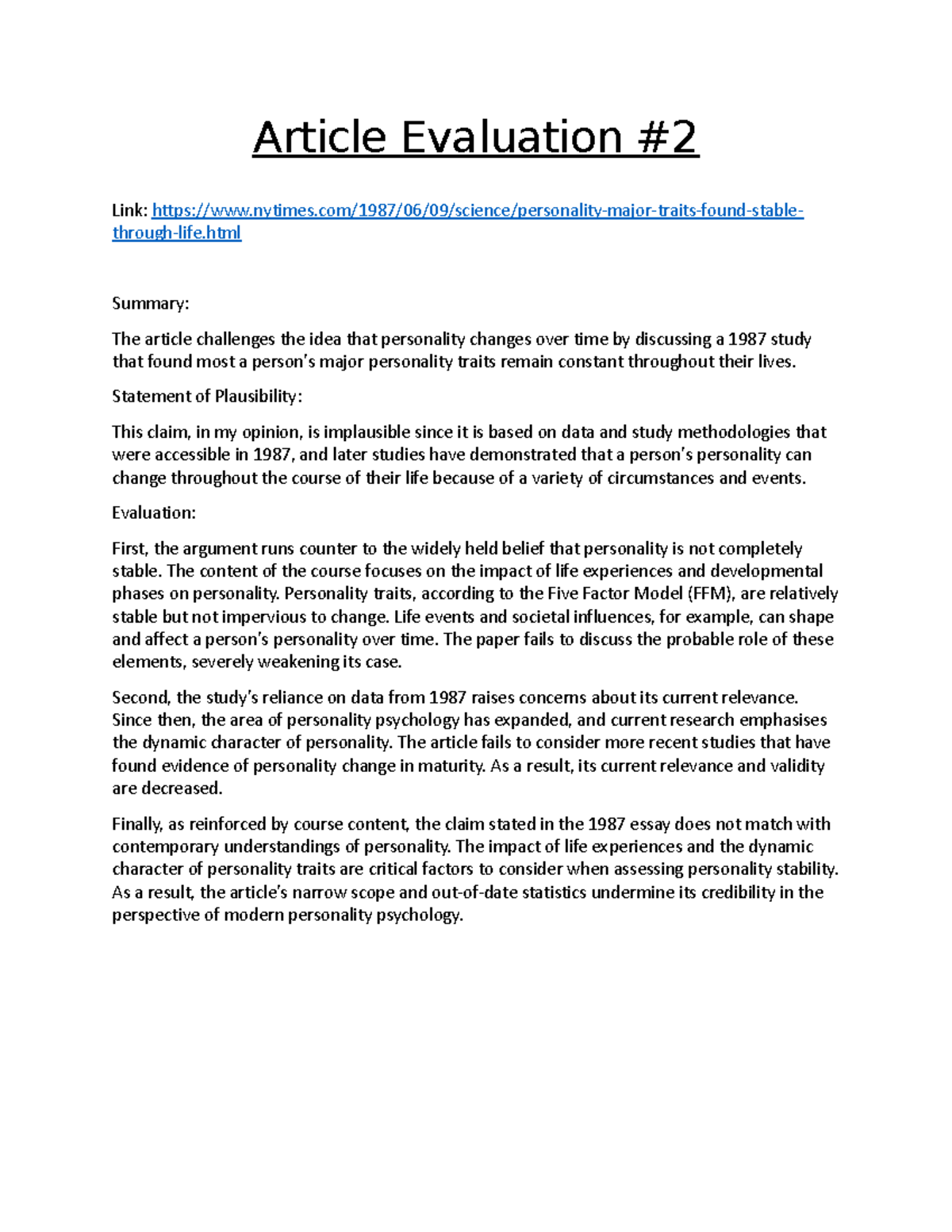 Article Evaluation #2 - Article Evaluation Link: - Studocu