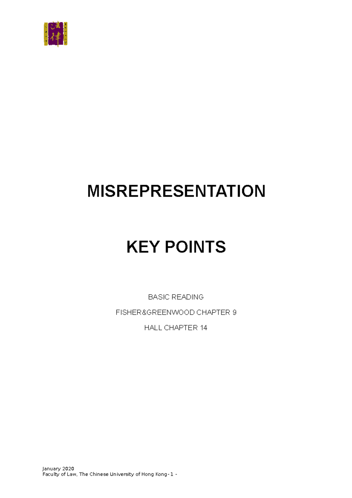 Misrep Notes 2020 - MISREPRESENTATION KEY POINTS BASIC READING FISHER ...