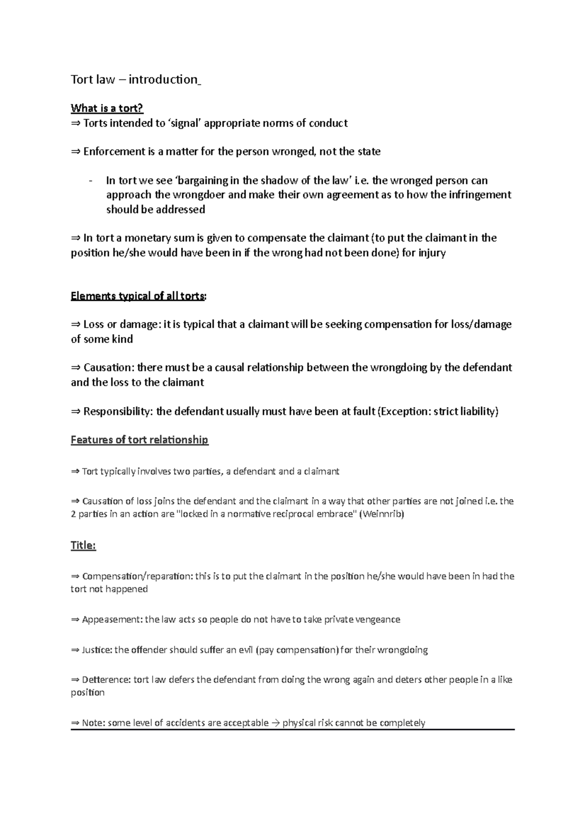 Tort Law- Whole Module Notes - Tort law – introduction What is a tort ...