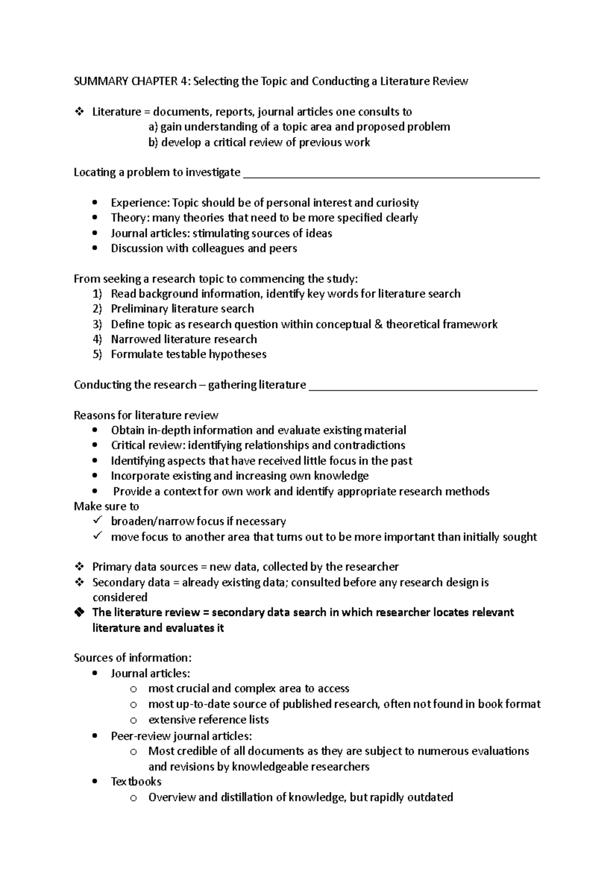 IBR Literature Summary Chapter 4 - SUMMARY CHAPTER 4: Selecting the Topic and Conducting a - Studocu