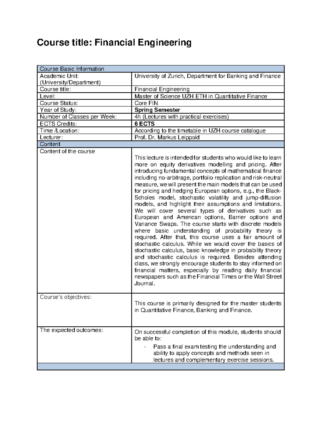 Syllabus-Financial Engineering - Course title: Financial Engineering ...