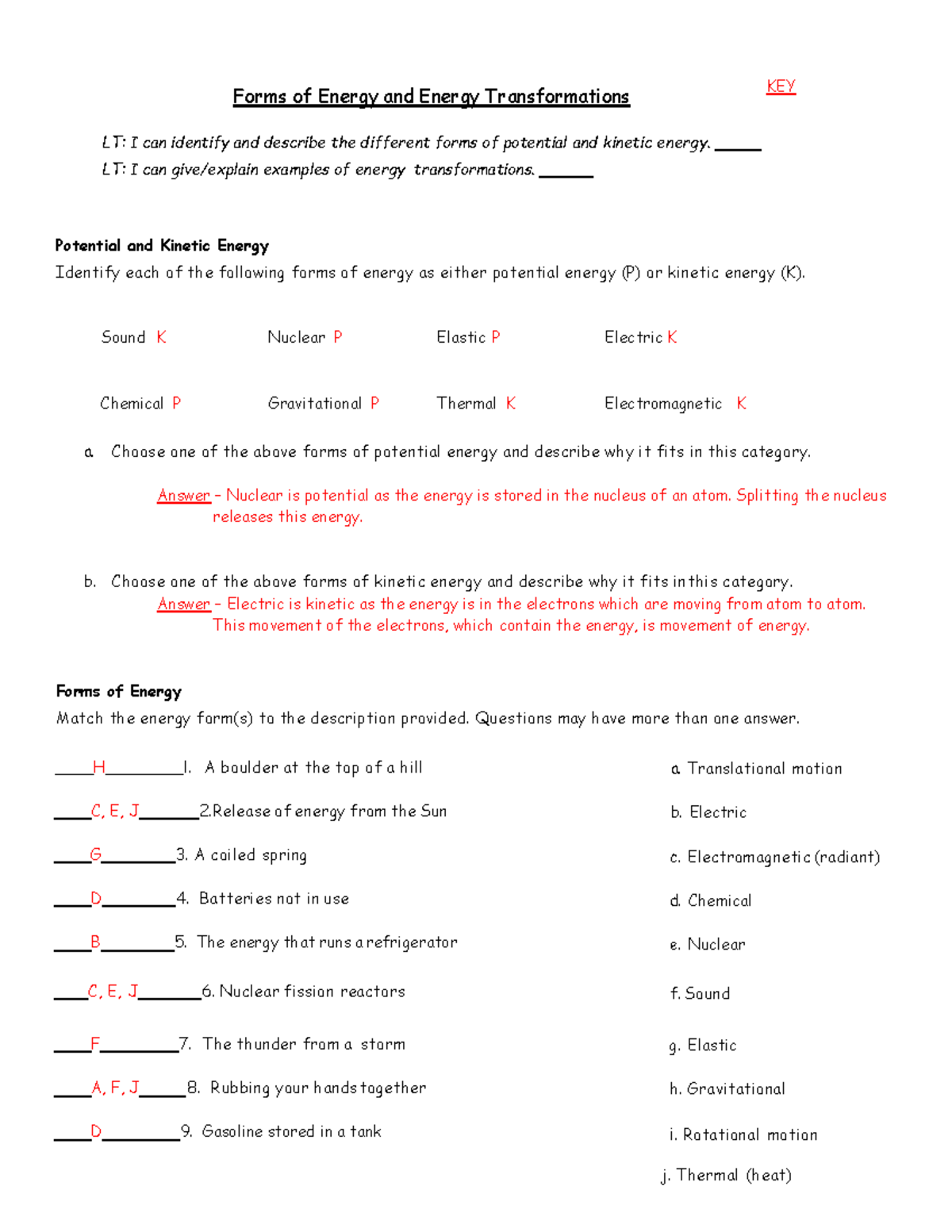 Worksheet - review - forms of energy and transformations - answers ...