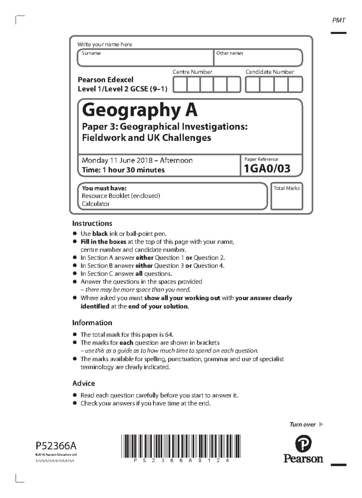 June 2018 QP - Paper 3 Edexcel (A) Geography GCSE - Centre Number ...