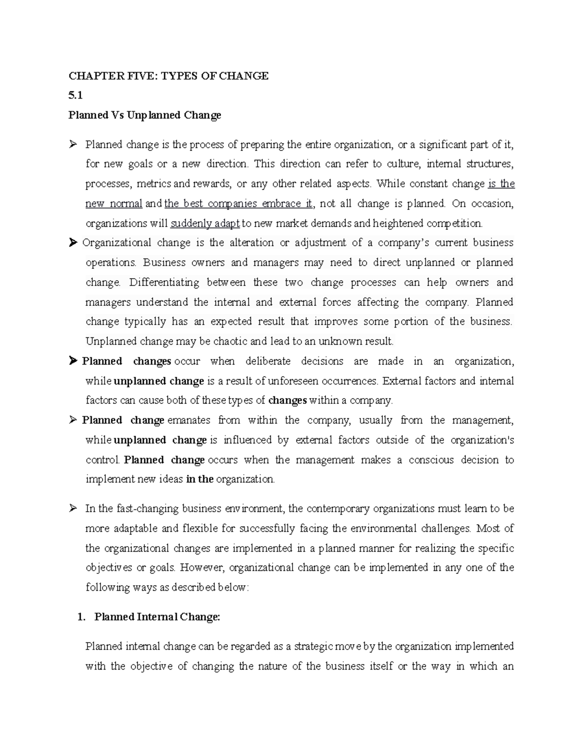 LM Chapter-5 - goog - CHAPTER FIVE: TYPES OF CHANGE 5. Planned Vs ...