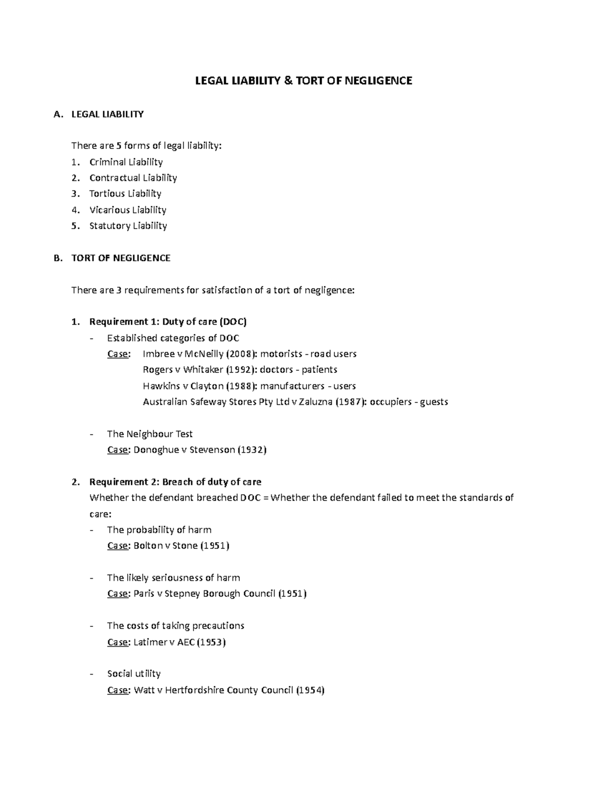 Legal Liability TORT OF Negligence outline with cases - LEGAL LIABILITY ...