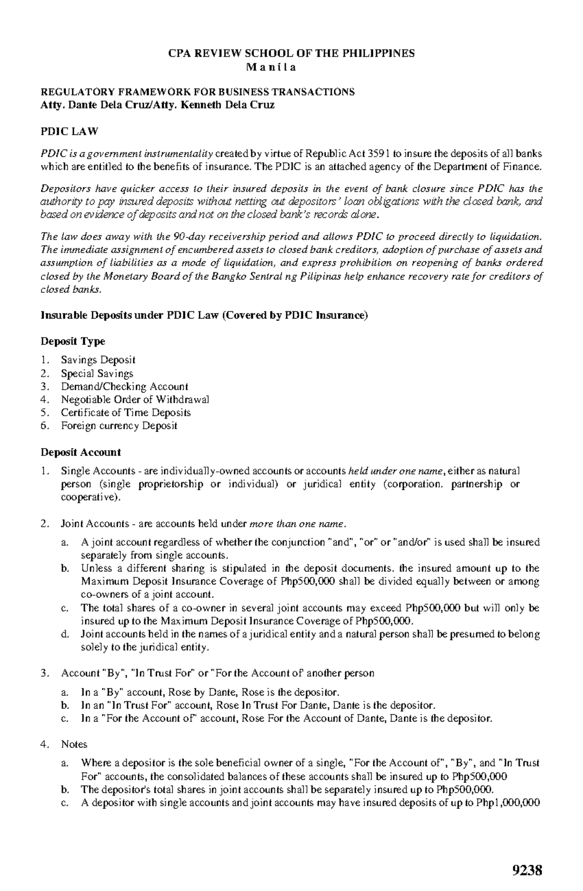 9238 - PDIC Law - RFBT - 9238 CPA REVIEW SCHOOL OF THE PHILIPPINES M a ...