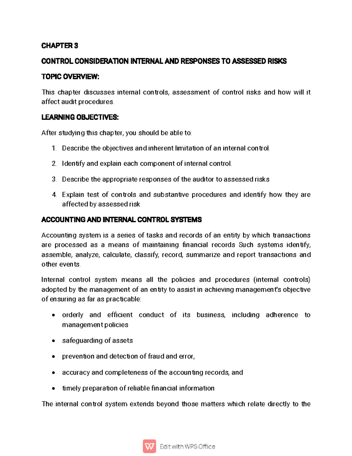 Chapter 3 Control Consideration Internal AND Responses TO Assessed ...