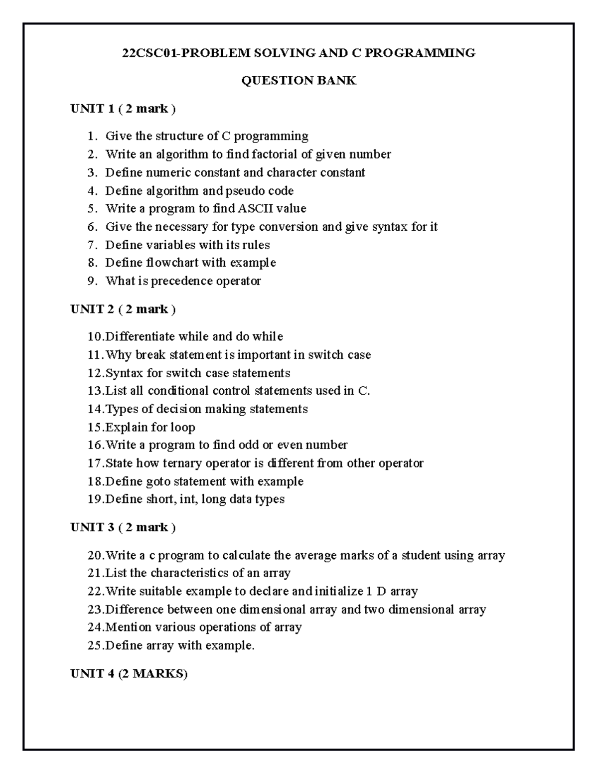 Pscp Question Bank Good 22csc01 Problem Solving And C Programming