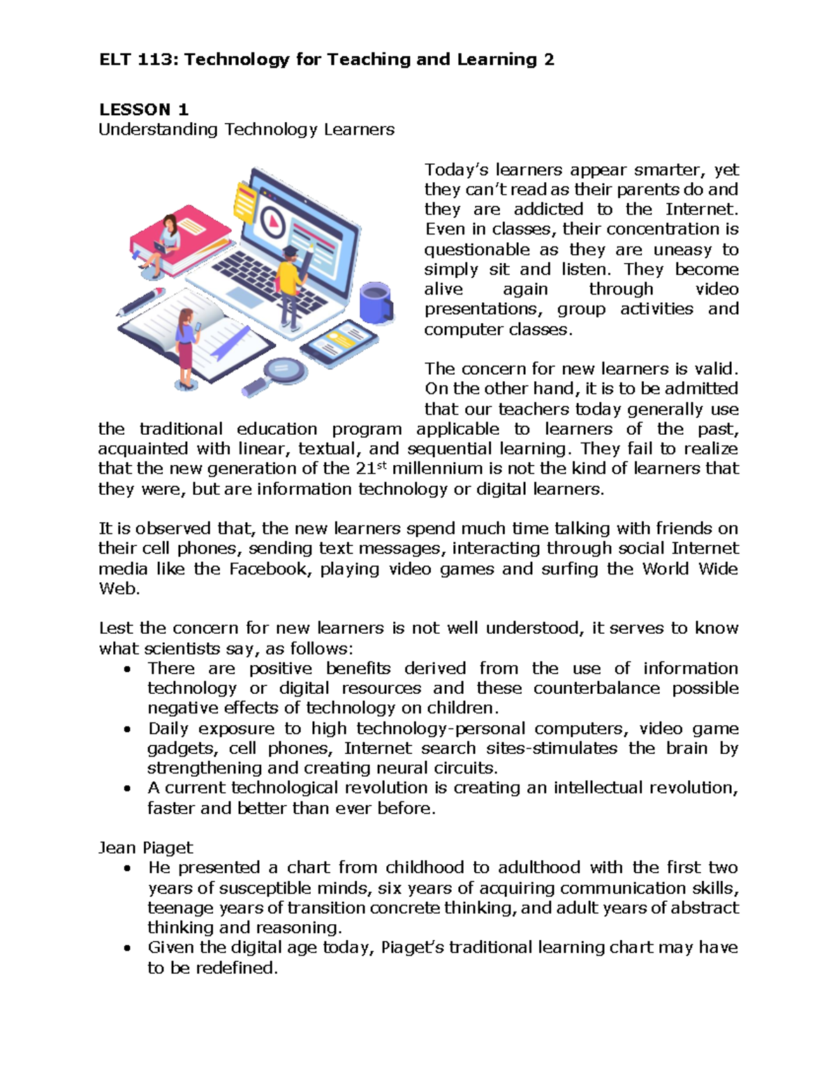 ELT 113 Lesson 1 and 2 - Understanding Technology Learners - ELT 113 ...