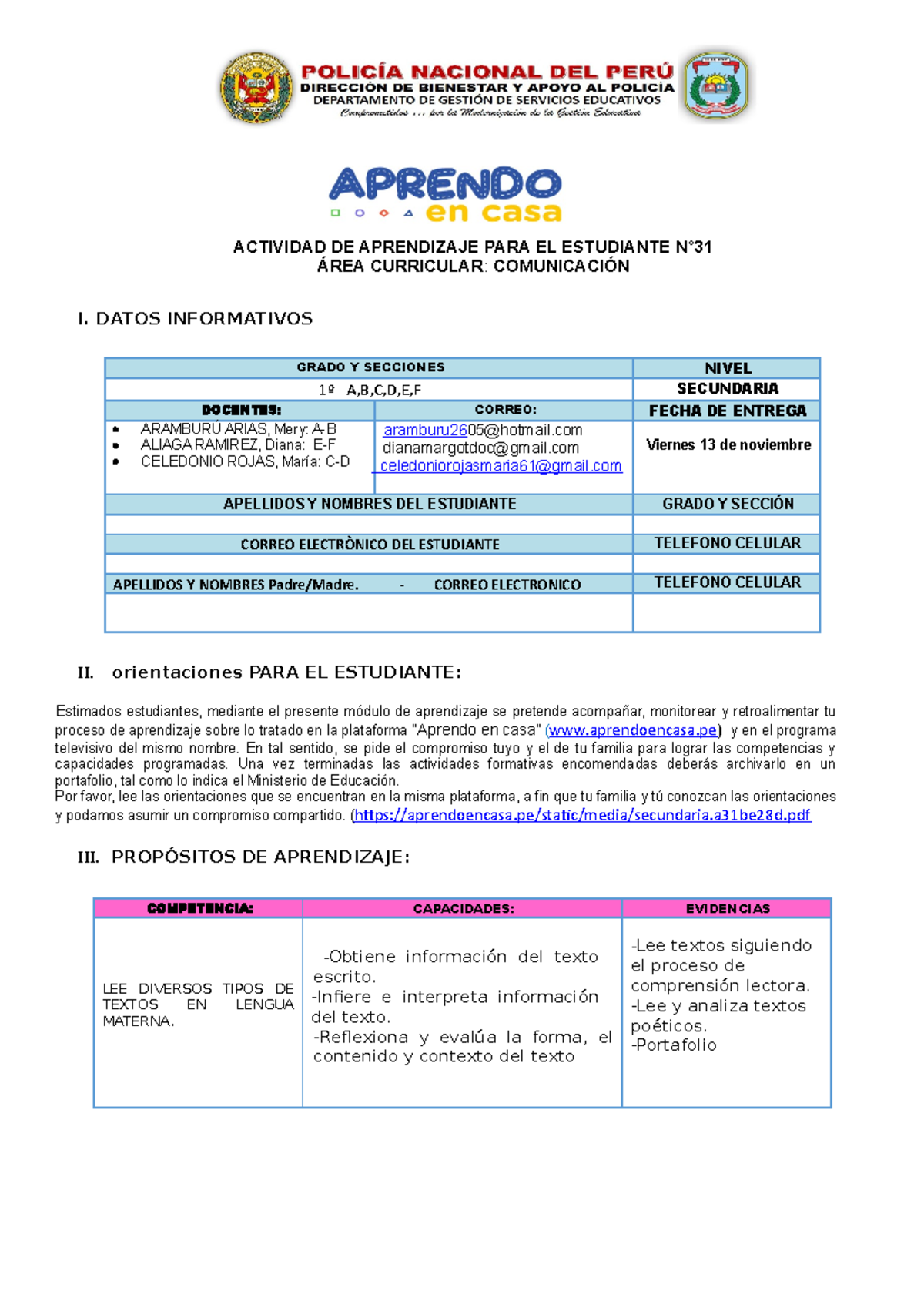 Módulo 31- Estudiante 1ER Grado - ACTIVIDAD DE APRENDIZAJE PARA EL ...