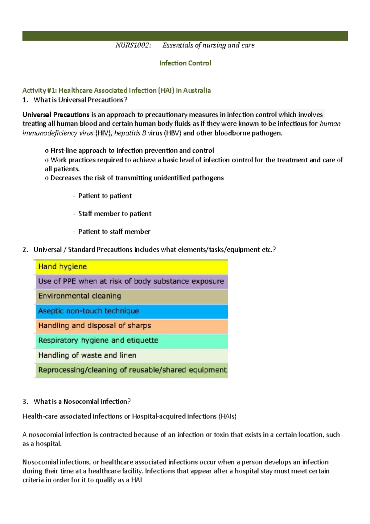 Week 1 - Infection Control Worksheet - NURS1002: Essentials of nursing ...
