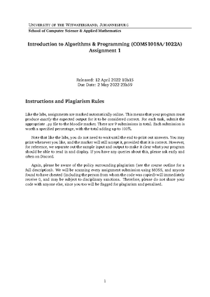 Coms1018a test1 - PAST PAPERS - Introduction to Algorithms ...