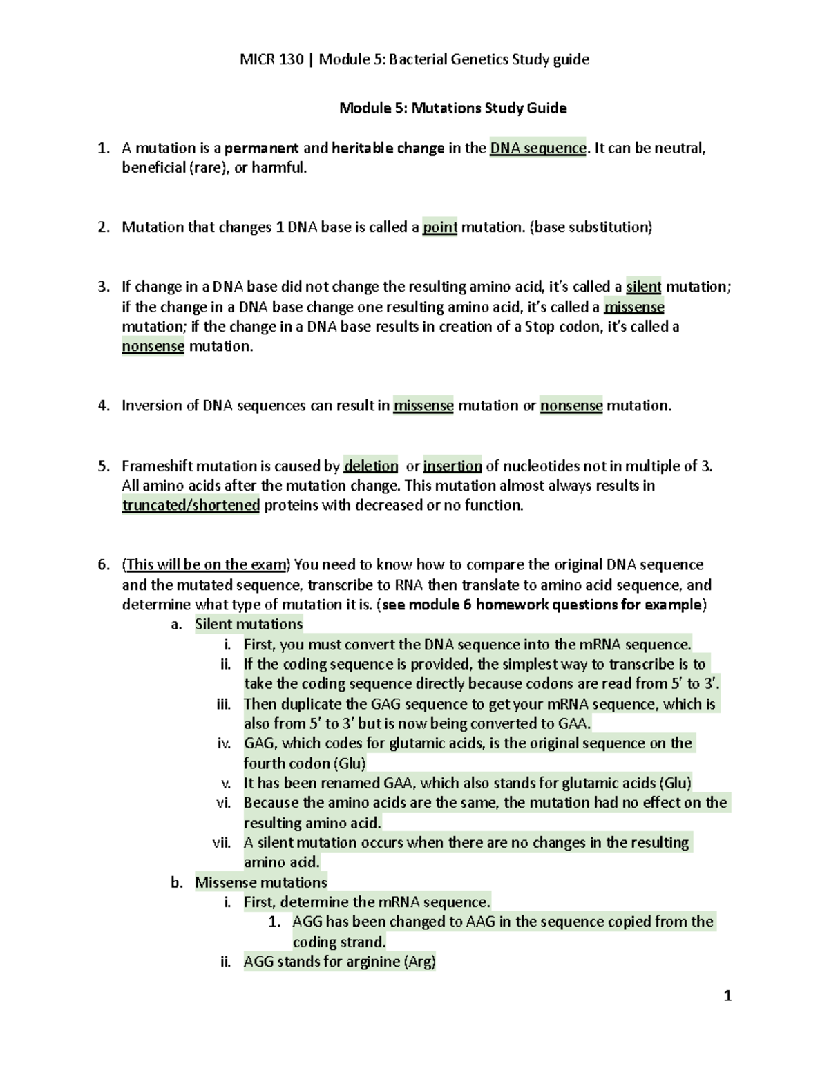 Module 5 Mutation Study Guide - MICR 130 | Module 5: Bacterial Genetics ...