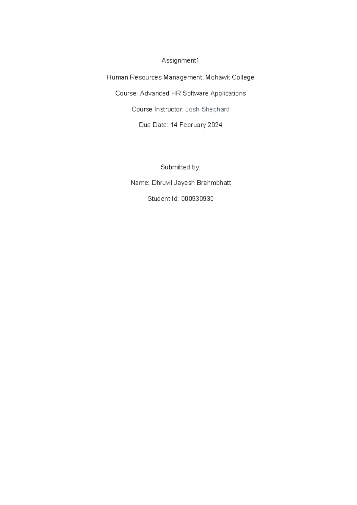 Assignment 1 - Assignment Human Resources Management, Mohawk College ...