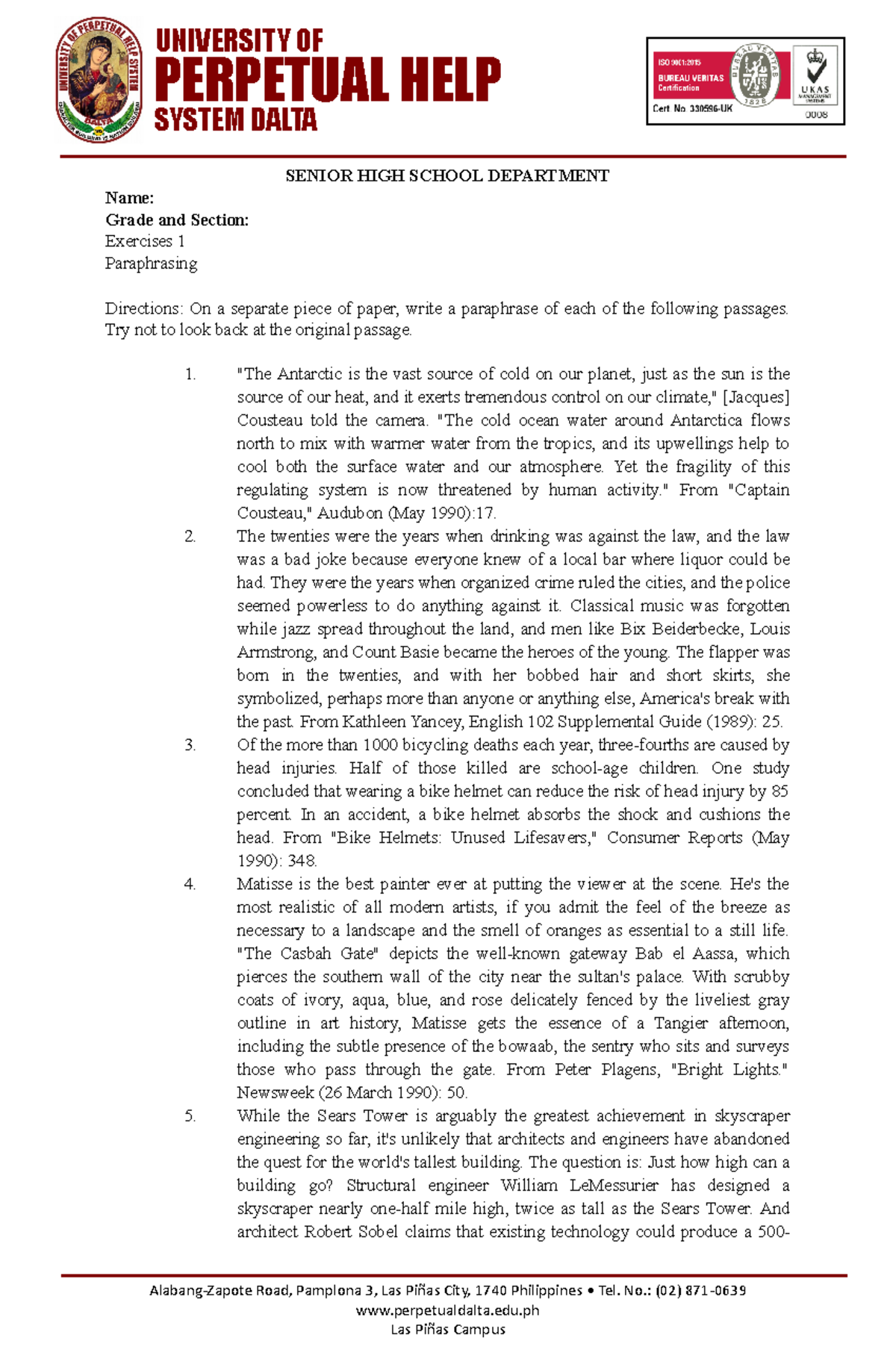 Srabon EAPP Paraphrasing-Activity - SENIOR HIGH SCHOOL DEPARTMENT Name ...