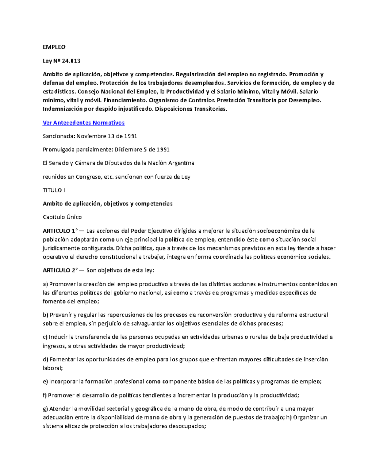 Ley 240 1 3 - apunte - EMPLEO Ley 24 Ambito de objetivos y competencias ...